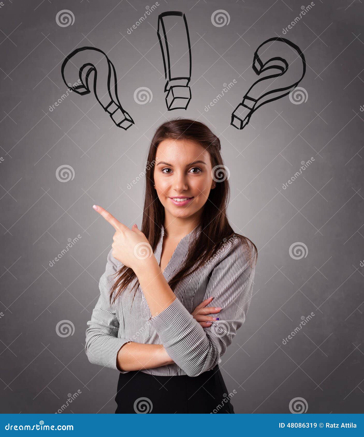 Young Lady Thinking with Question Marks Overhead Stock Image - Image of ...