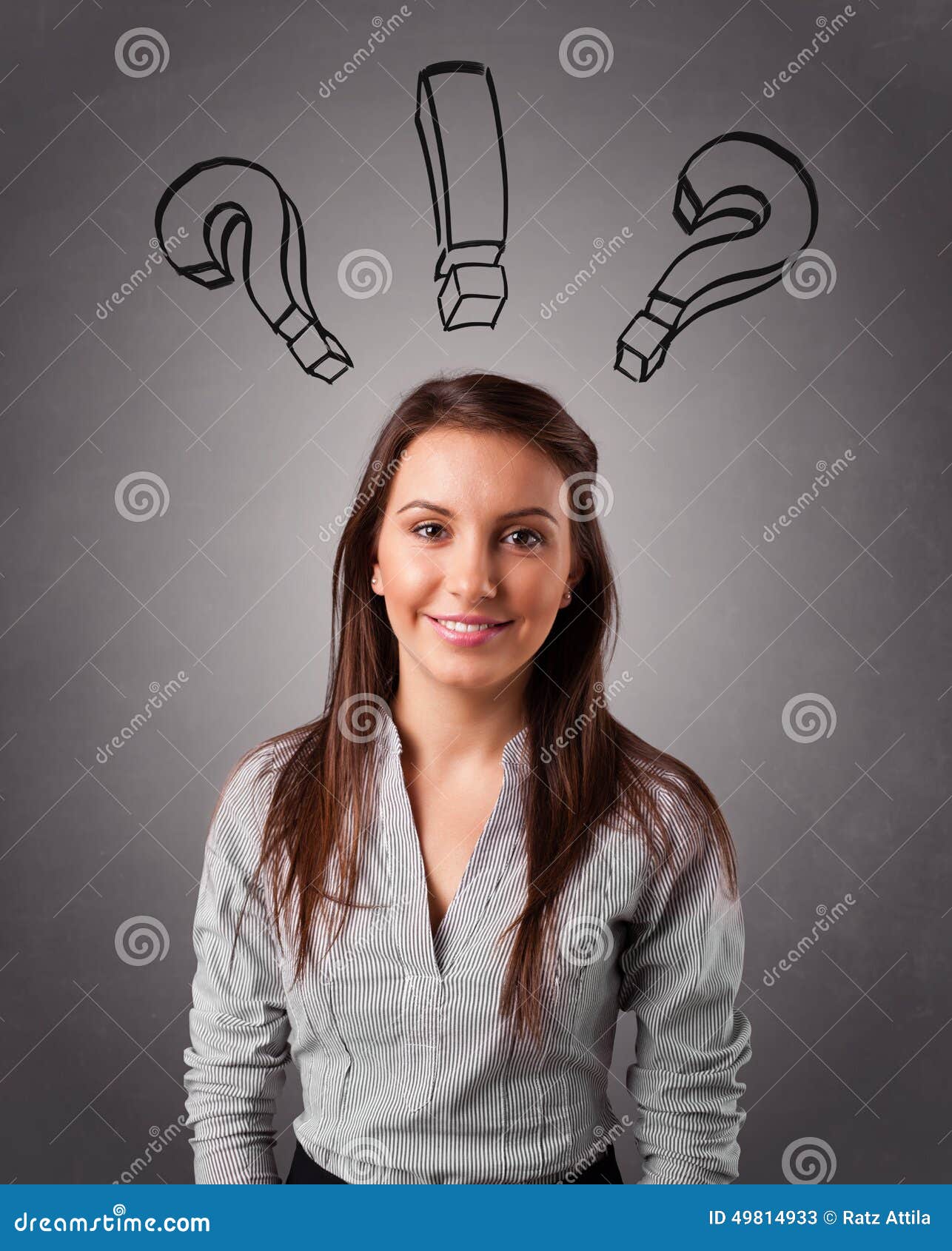 Young Lady Thinking with Question Marks Overhead Stock Image - Image of ...