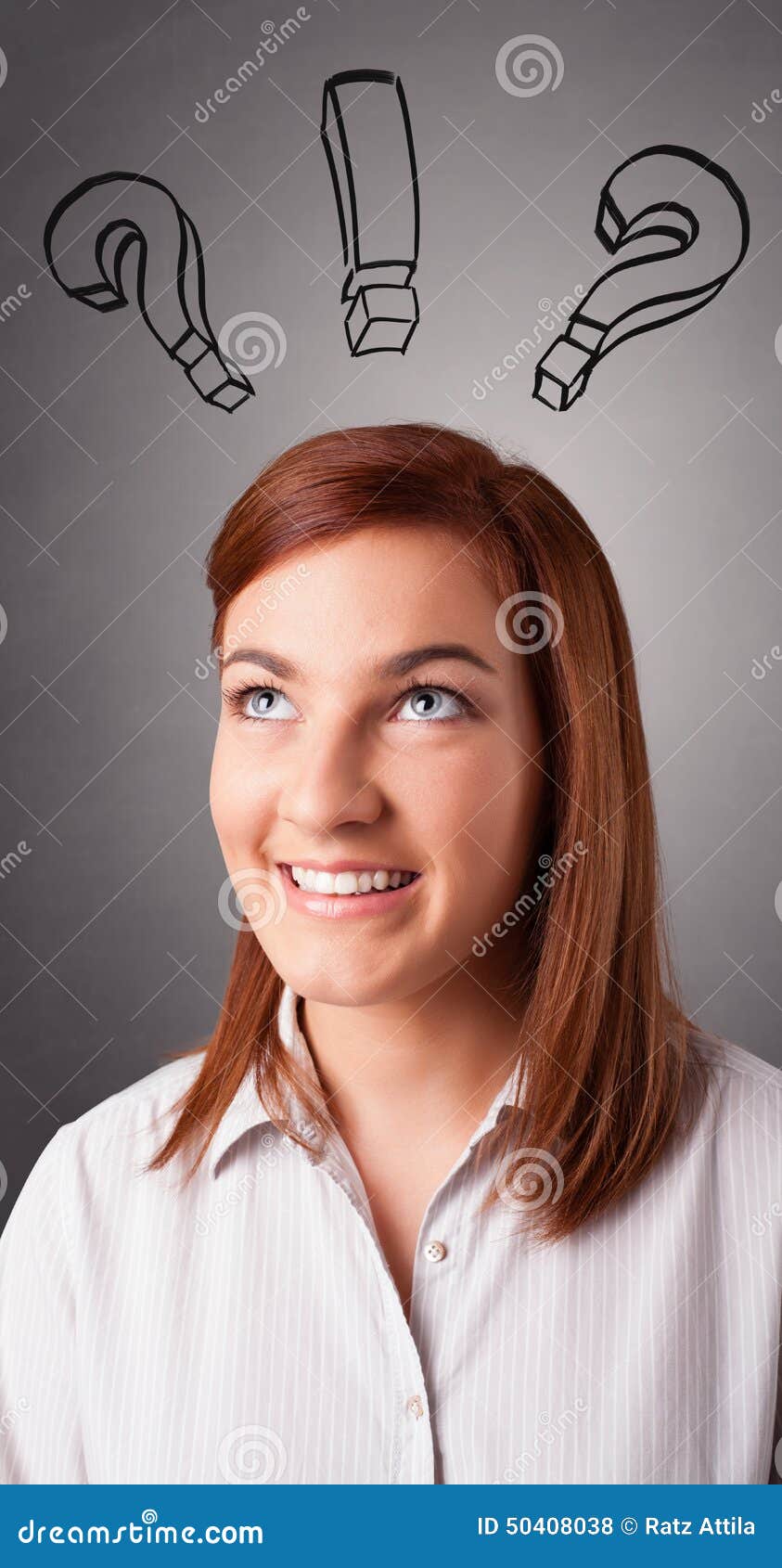 Young Lady Thinking with Question Marks Overhead Stock Photo - Image of ...