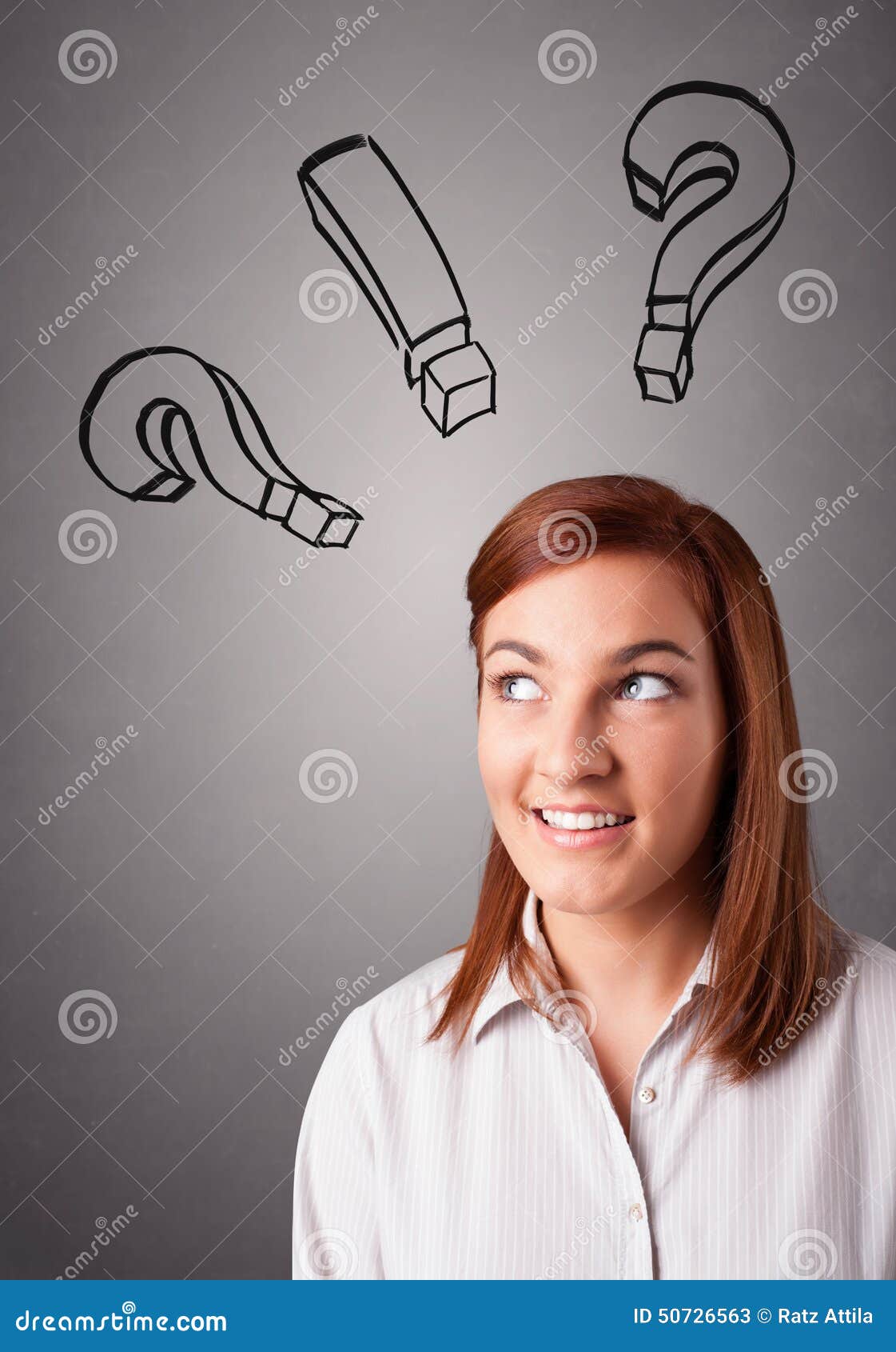 Young Lady Thinking with Question Marks Overhead Stock Image - Image of ...