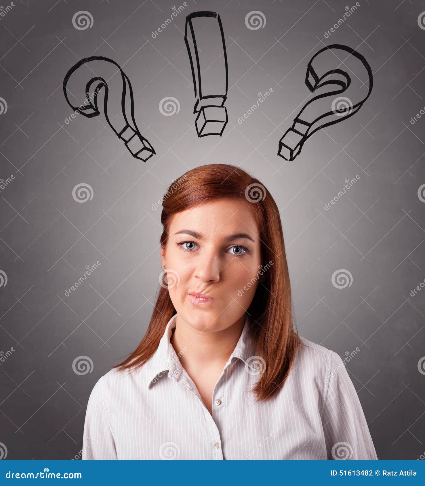 Young Lady Thinking with Question Marks Overhead Stock Photo - Image of ...