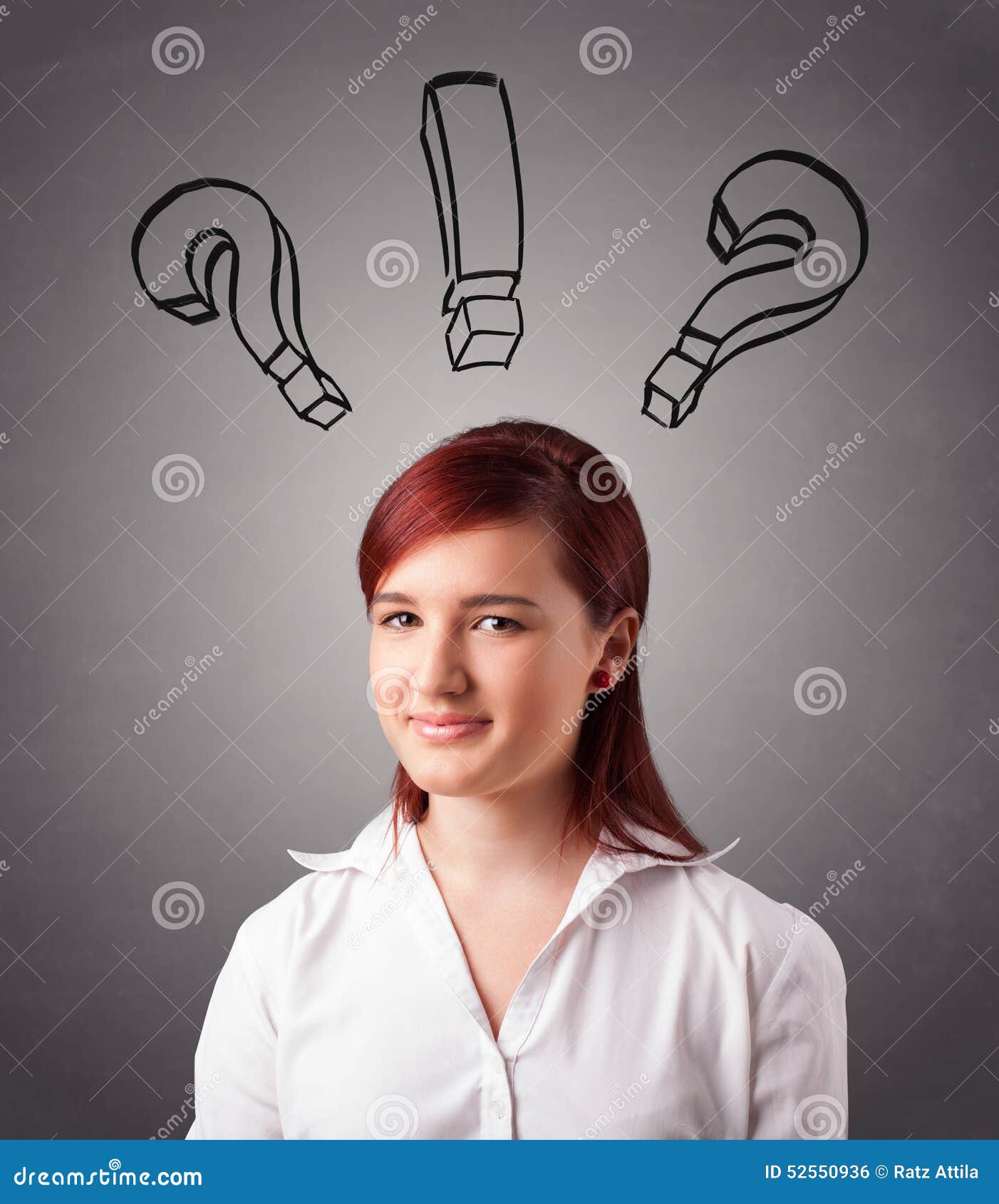 Young Lady Thinking with Question Marks Overhead Stock Photo - Image of ...