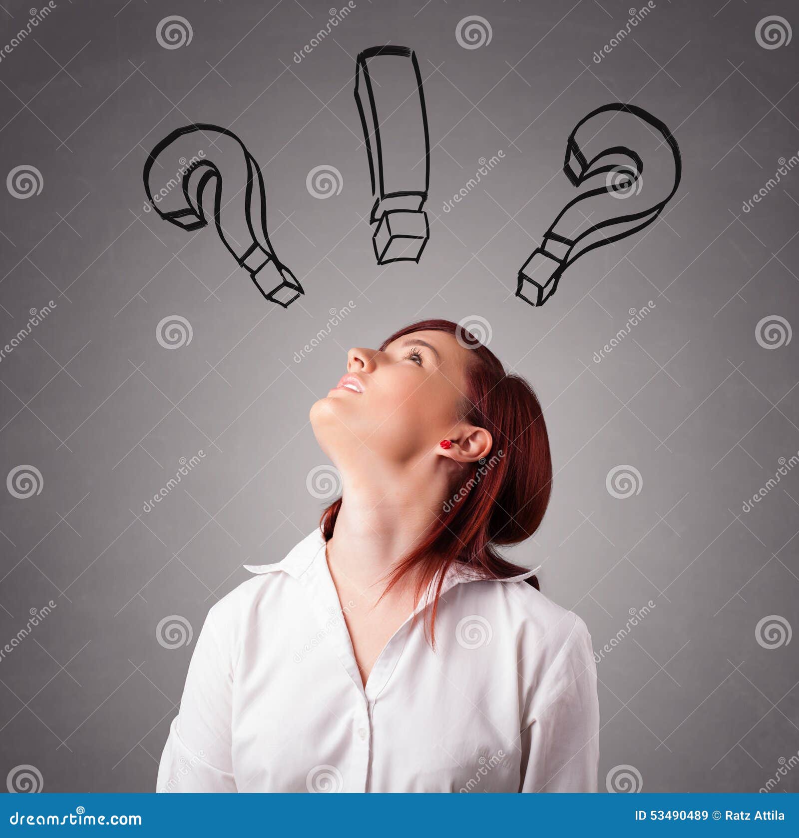 Young Lady Thinking with Question Marks Overhead Stock Image - Image of ...