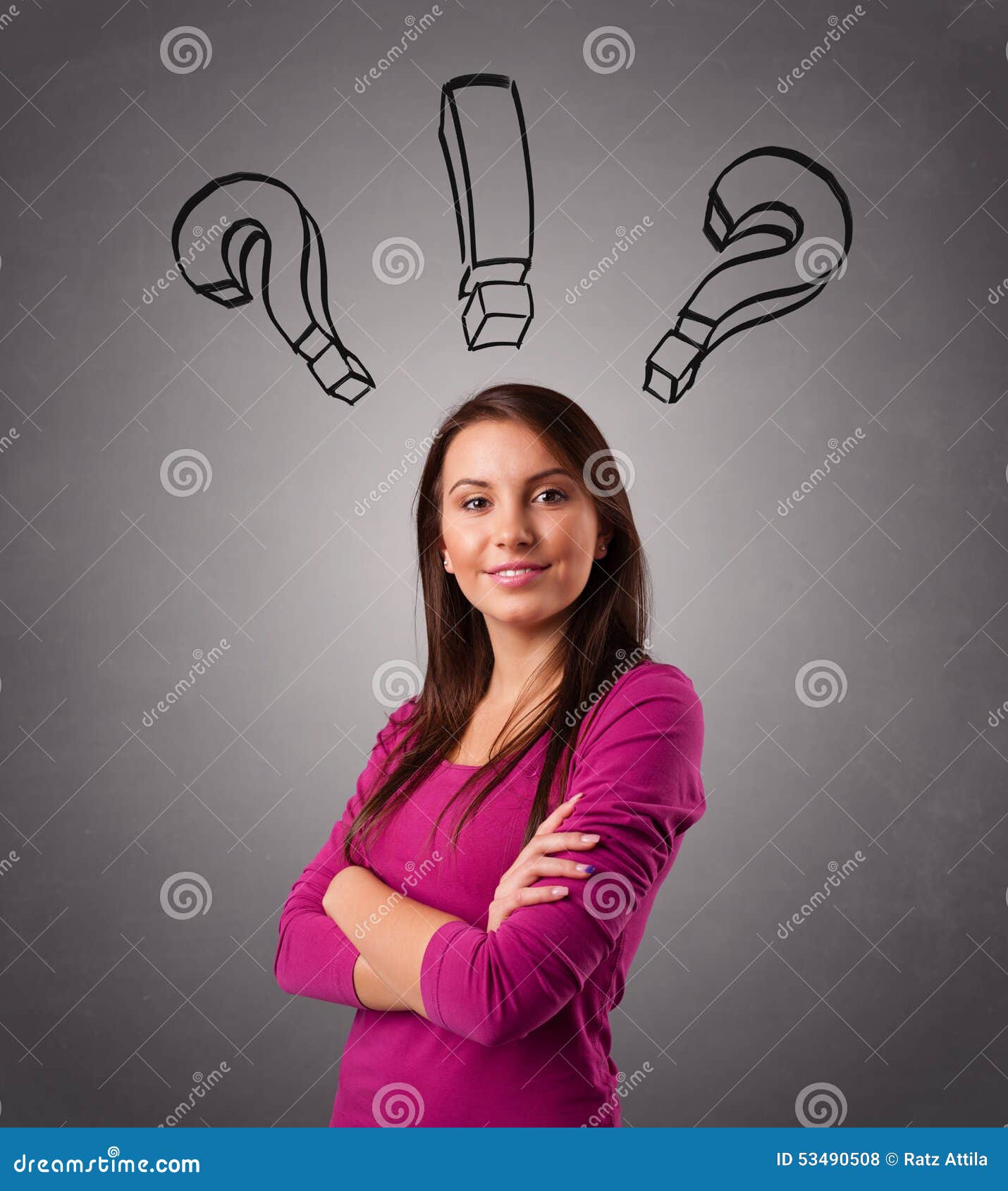 Young Lady Thinking with Question Marks Overhead Stock Photo - Image of ...