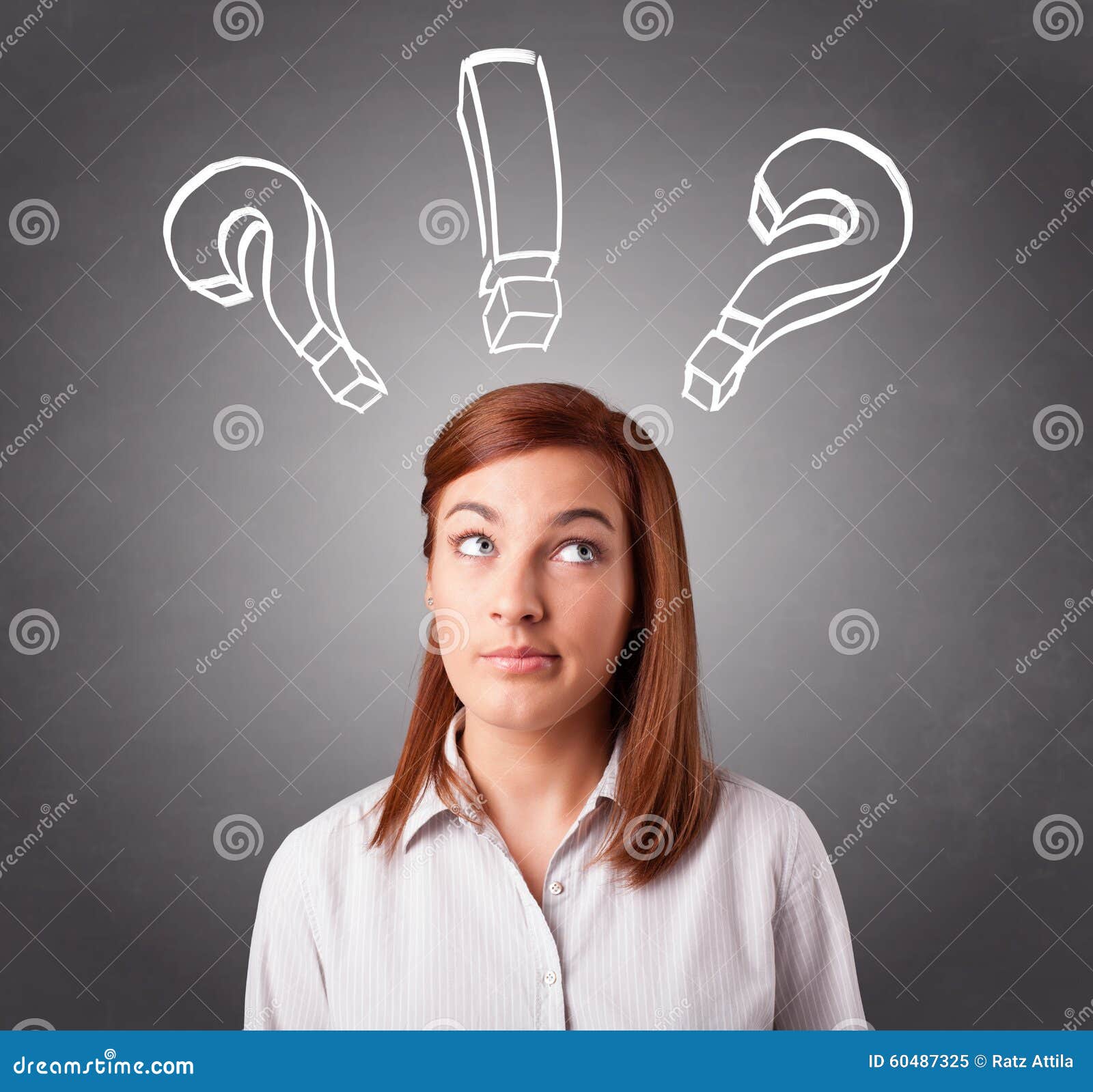 Young Lady Thinking with Question Marks Overhead Stock Image - Image of ...