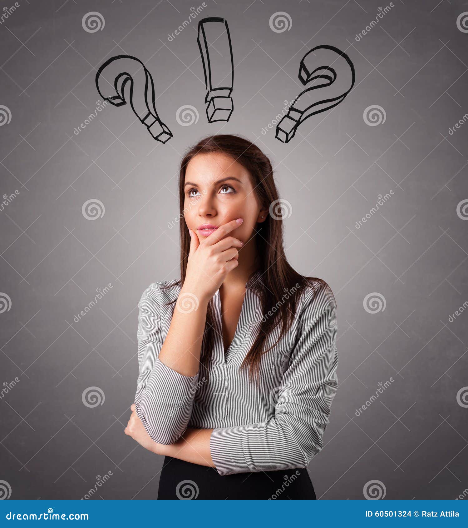 Young Lady Thinking with Question Marks Overhead Stock Photo - Image of ...
