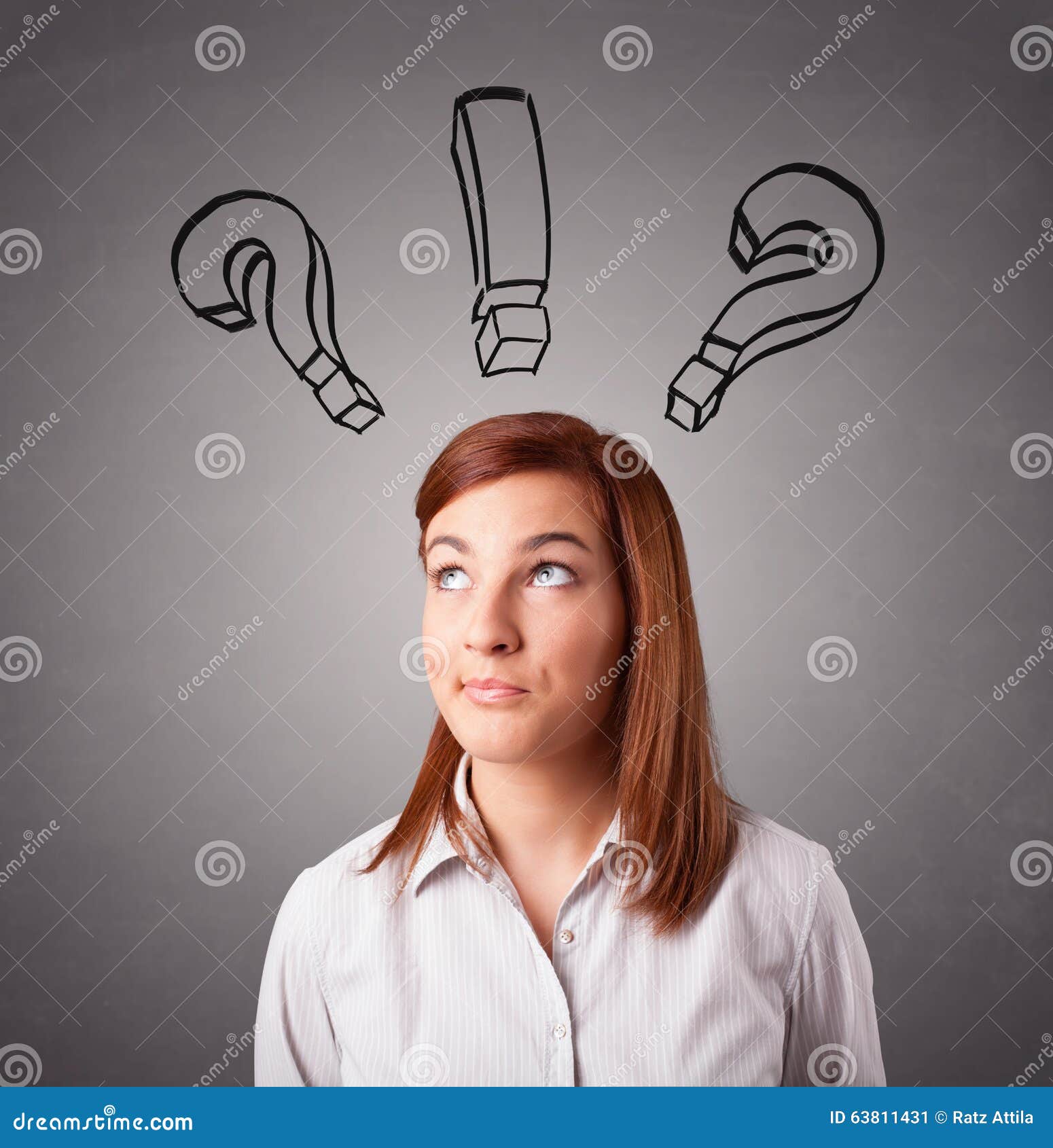 Young Lady Thinking with Question Marks Overhead Stock Image - Image of ...
