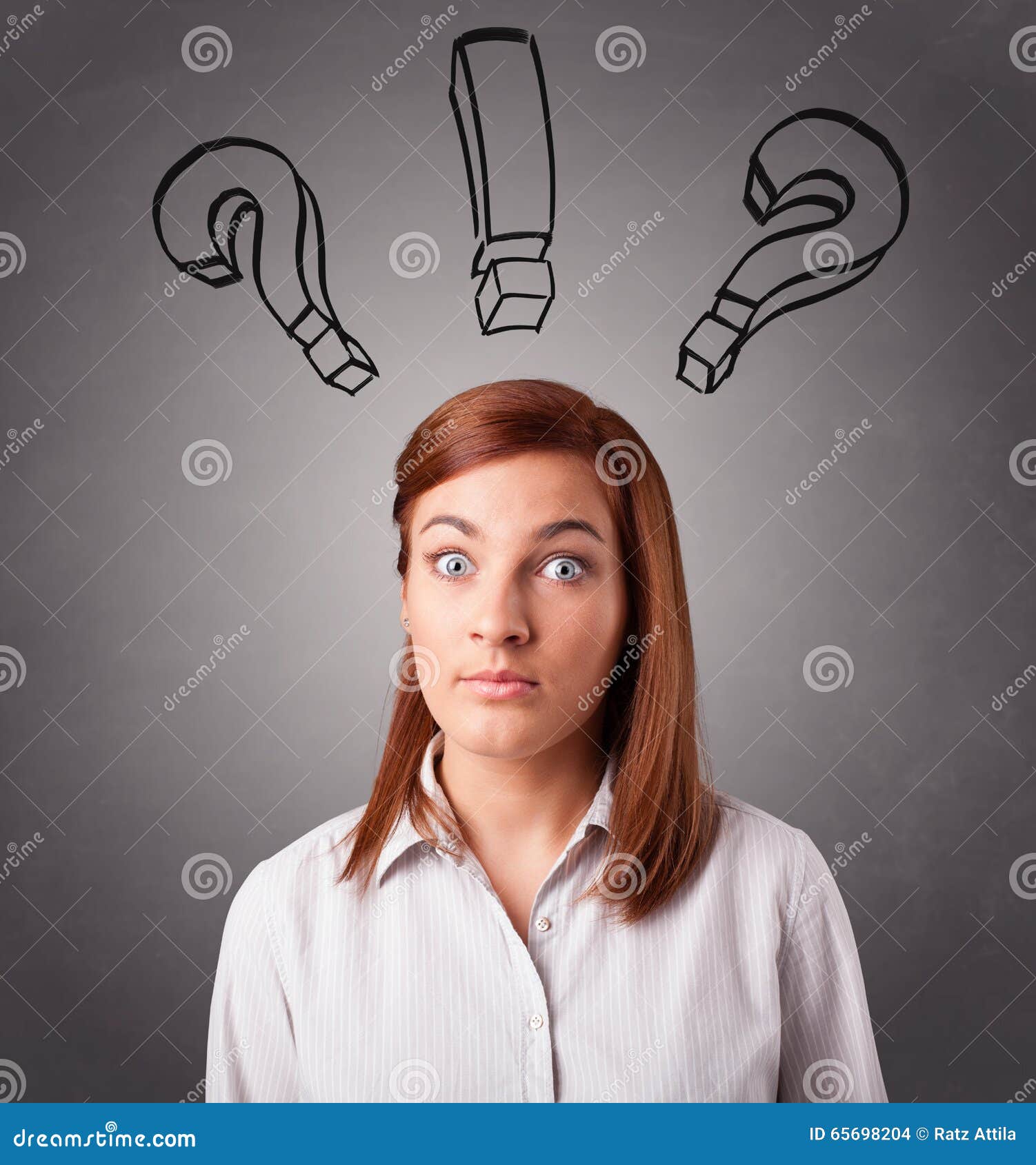 Young Lady Thinking with Question Marks Overhead Stock Photo - Image of ...