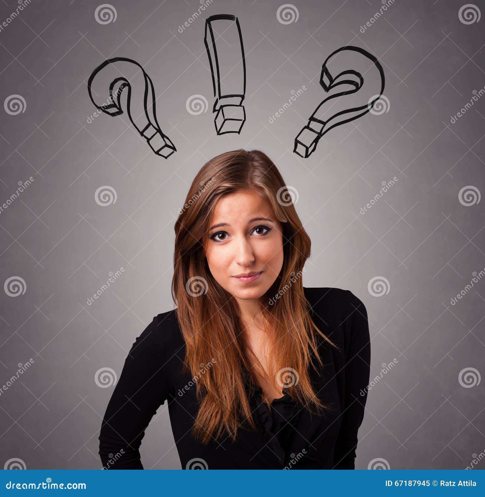 Young Lady Thinking with Question Marks Overhead Stock Image - Image of ...