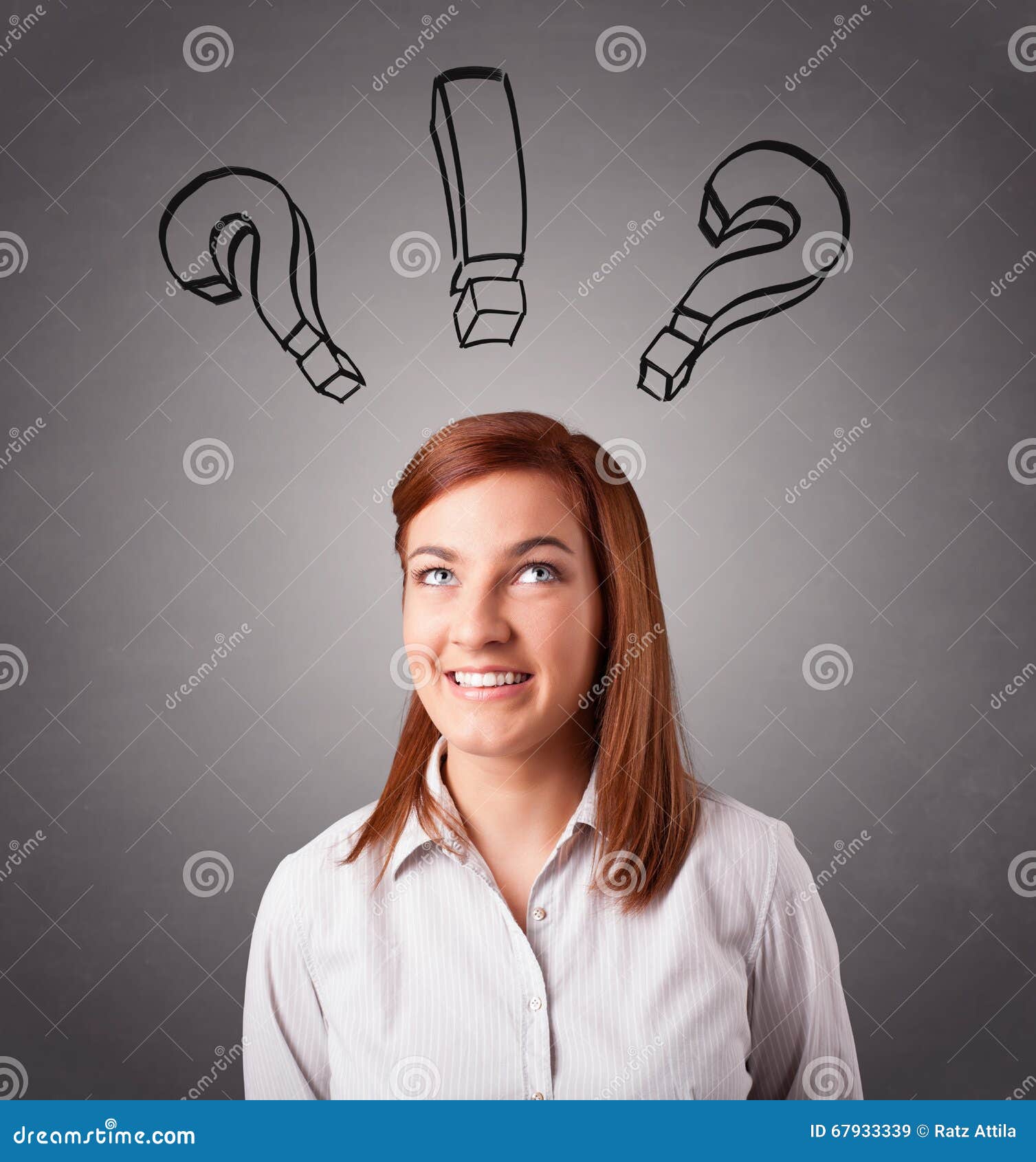 Young Lady Thinking with Question Marks Overhead Stock Image - Image of ...