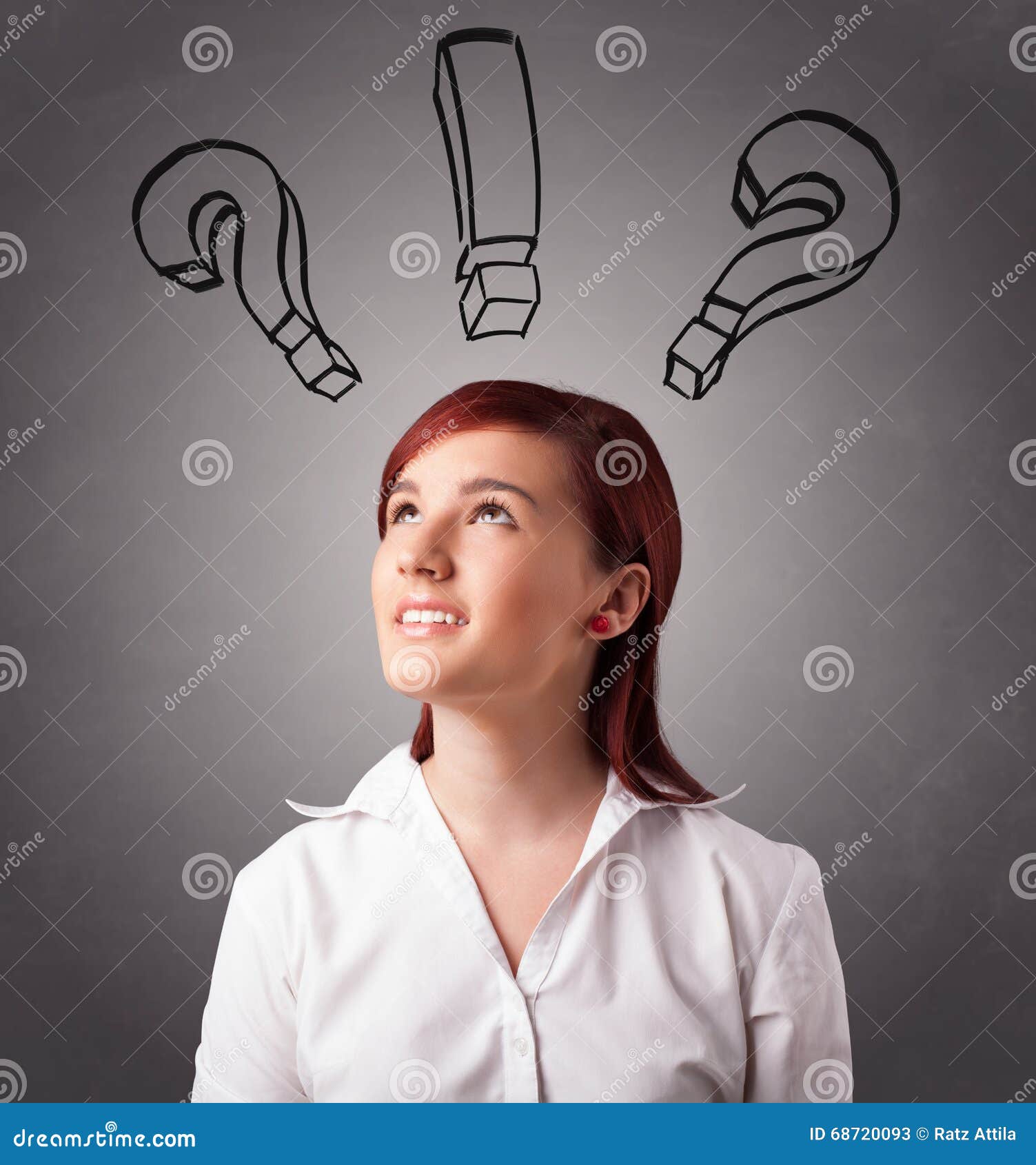 Young Lady Thinking with Question Marks Overhead Stock Image - Image of ...
