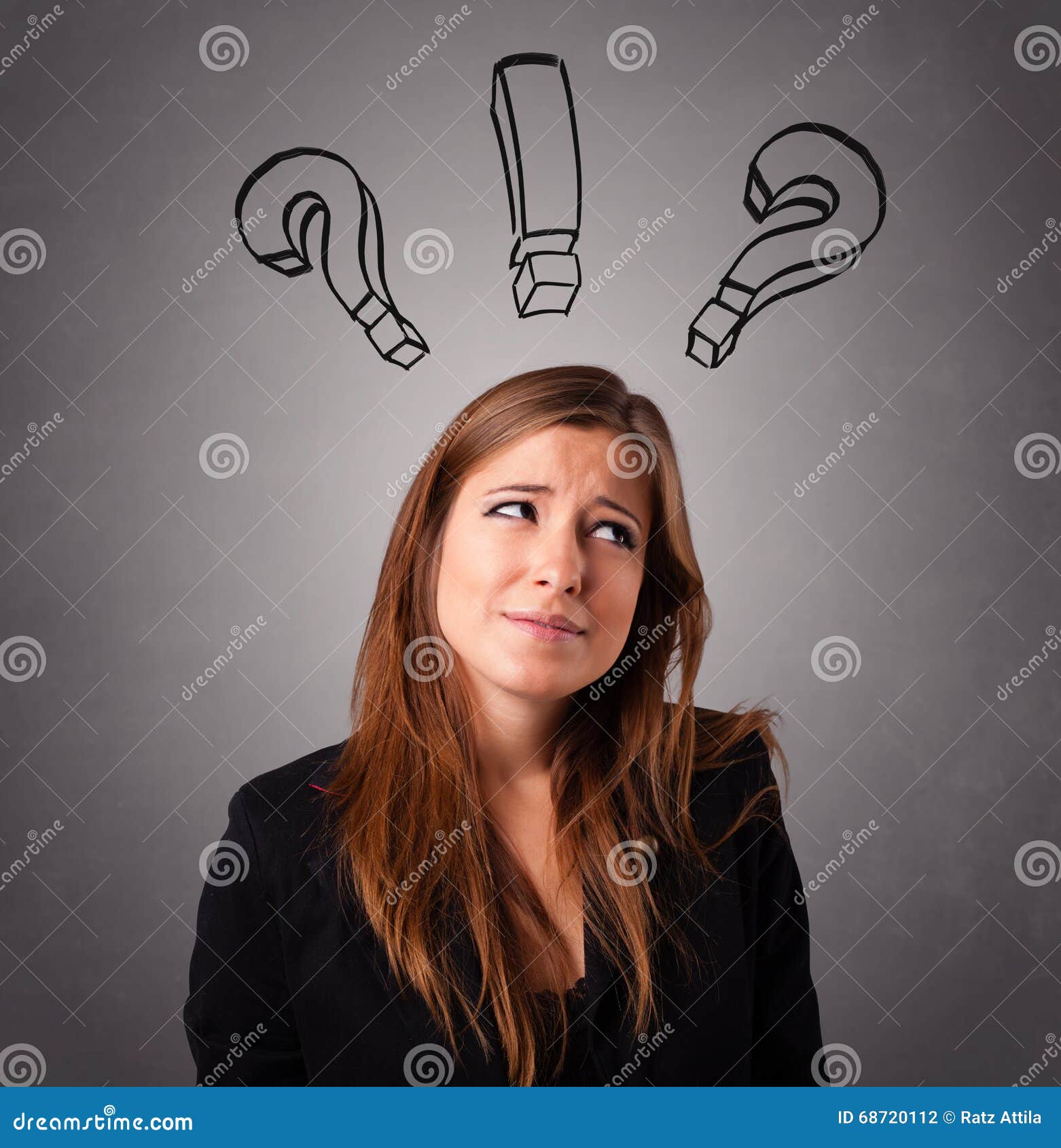 Young Lady Thinking with Question Marks Overhead Stock Photo - Image of ...