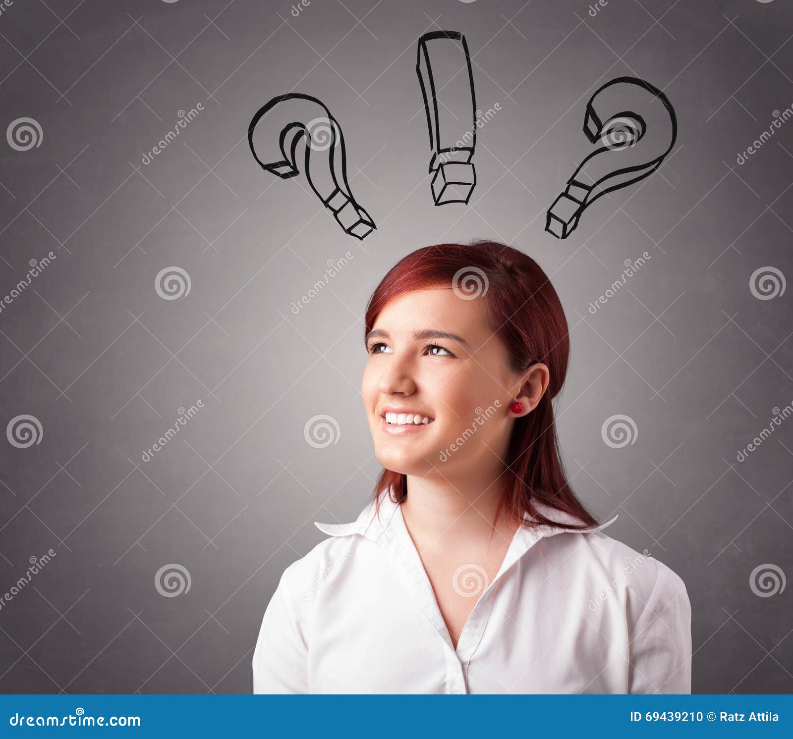 Young Lady Thinking with Question Marks Overhead Stock Photo - Image of ...