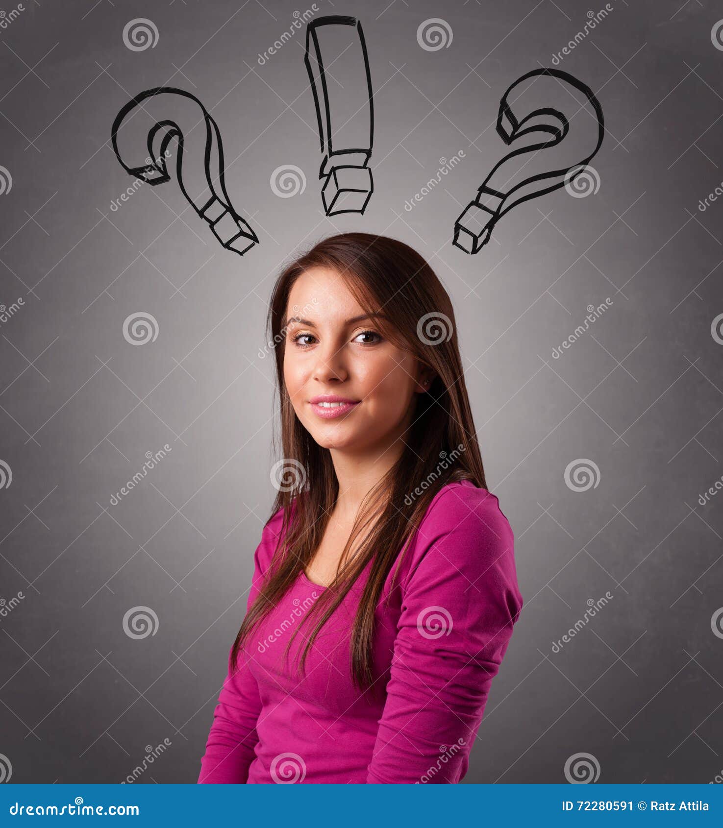 Young Lady Thinking with Question Marks Overhead Stock Image - Image of ...