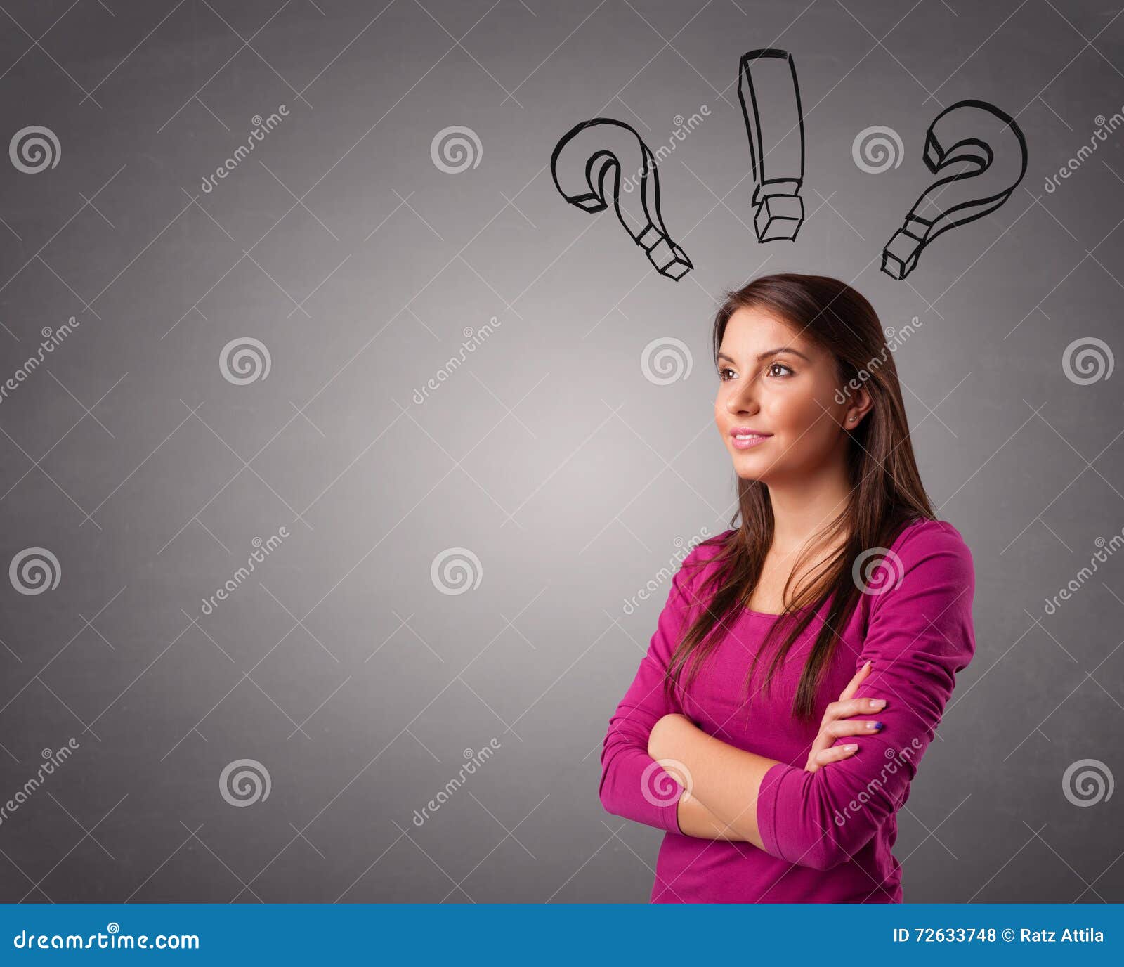 Young Lady Thinking with Question Marks Overhead Stock Photo - Image of ...