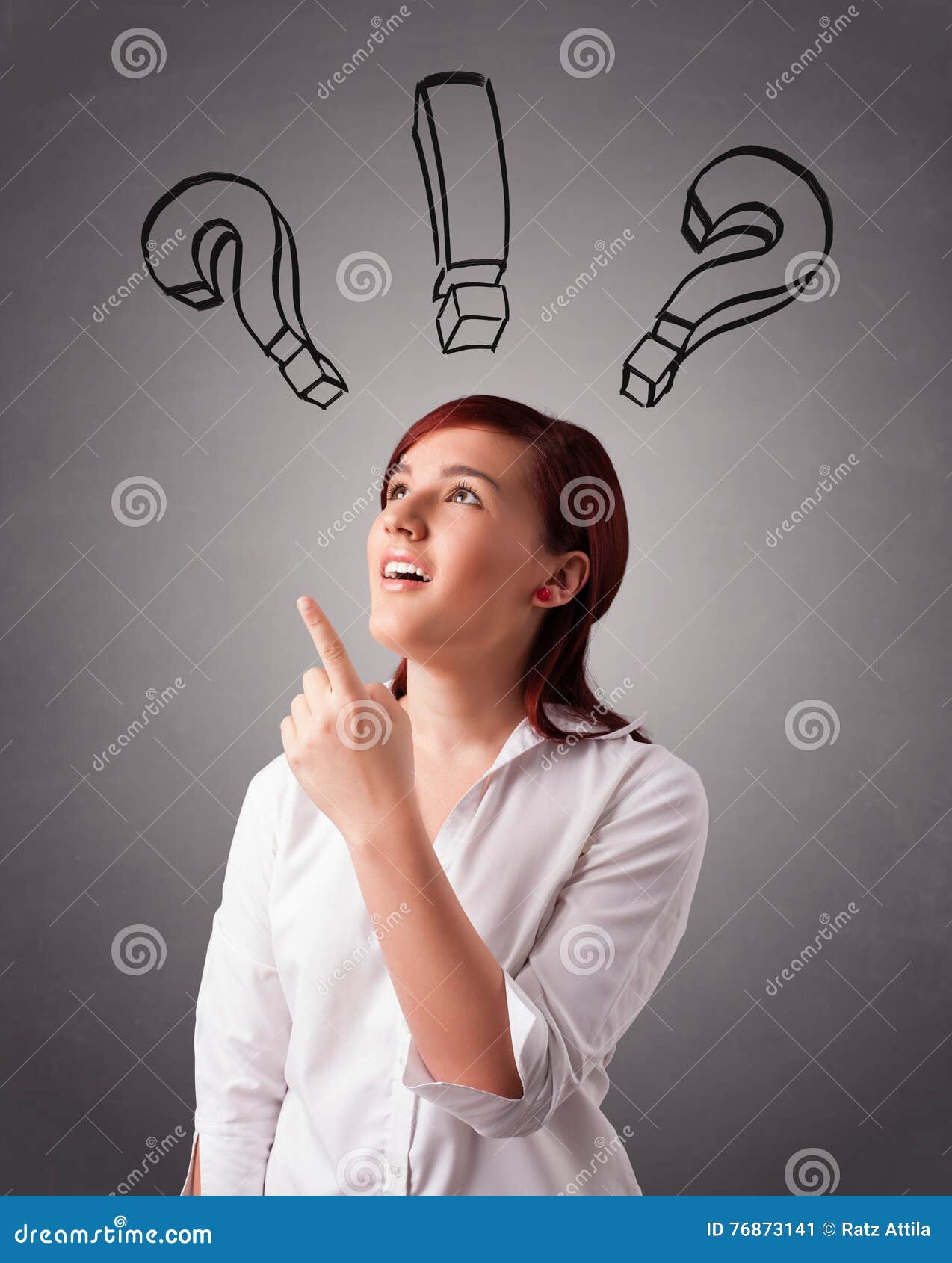 Young Lady Thinking with Question Marks Overhead Stock Image - Image of ...
