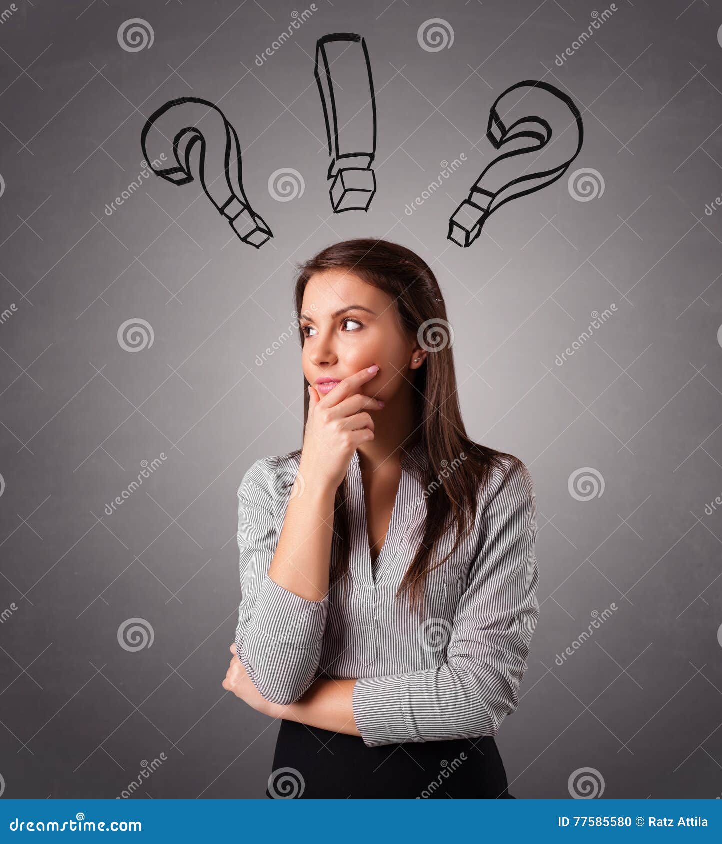 Young Lady Thinking with Question Marks Overhead Stock Photo - Image of ...