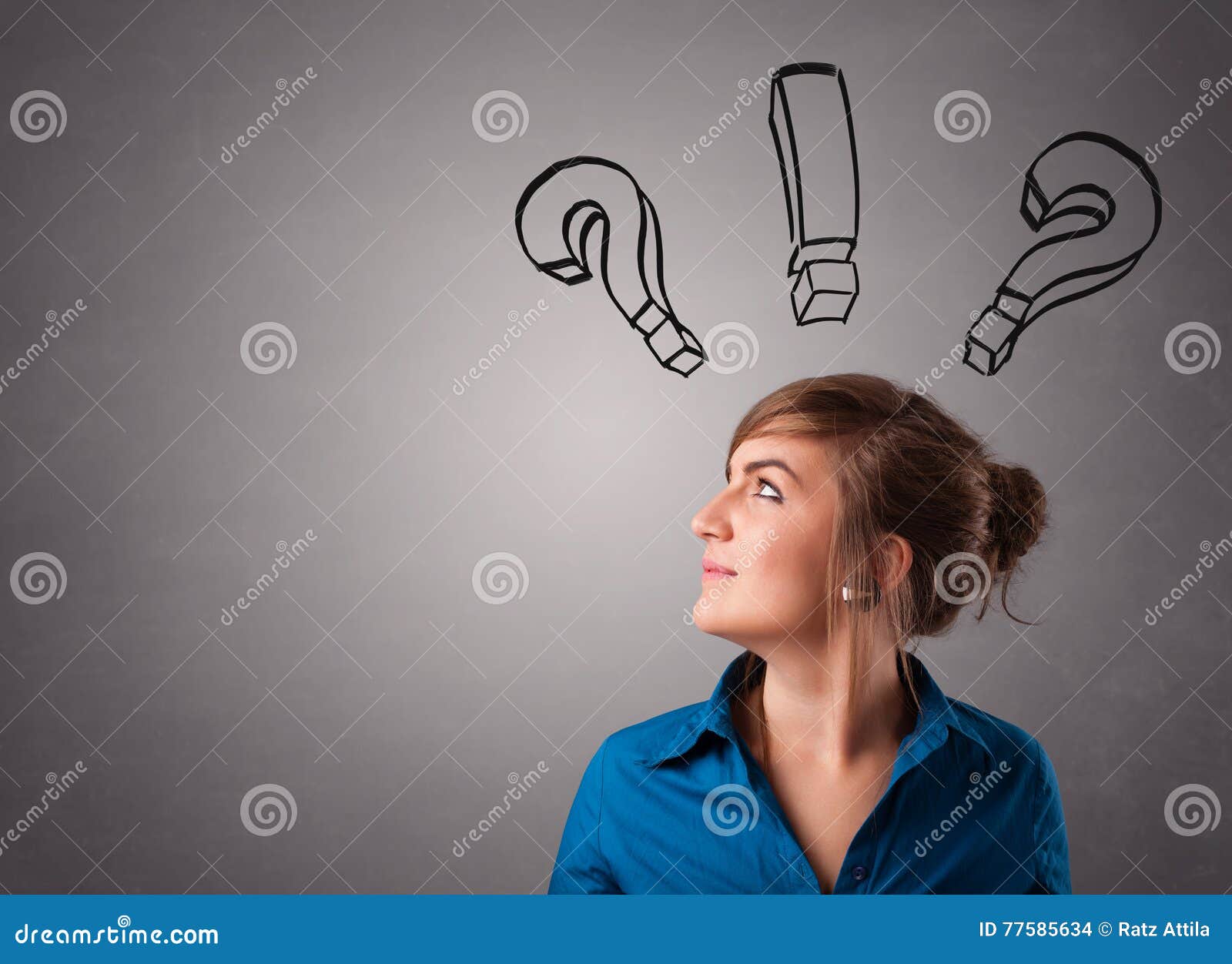Young Lady Thinking with Question Marks Overhead Stock Photo - Image of ...