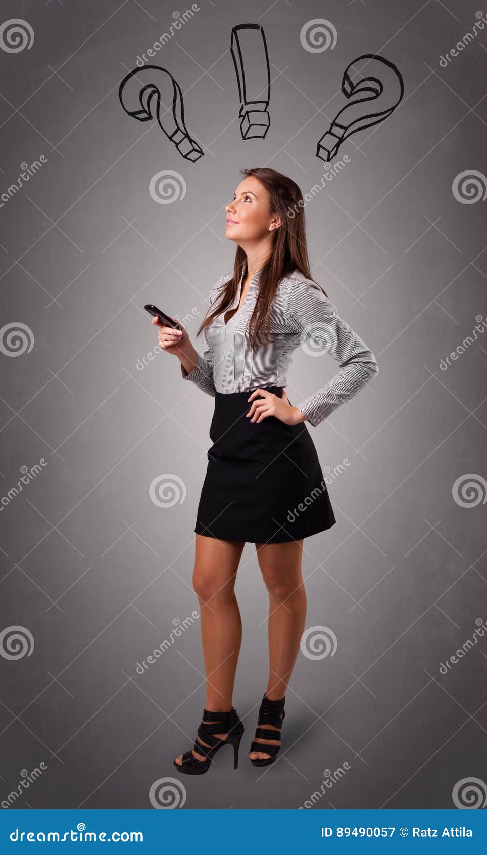 Young Lady Thinking with Question Marks Overhead Stock Image - Image of ...
