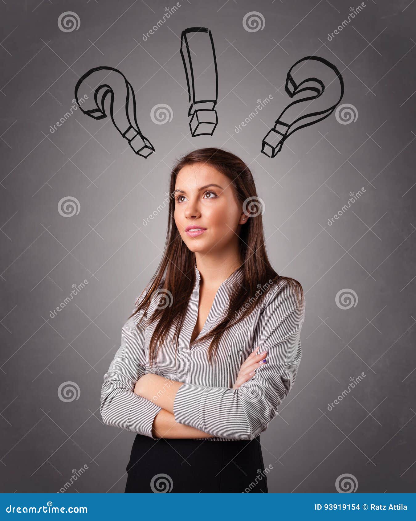 Young Lady Thinking with Question Marks Overhead Stock Photo - Image of ...