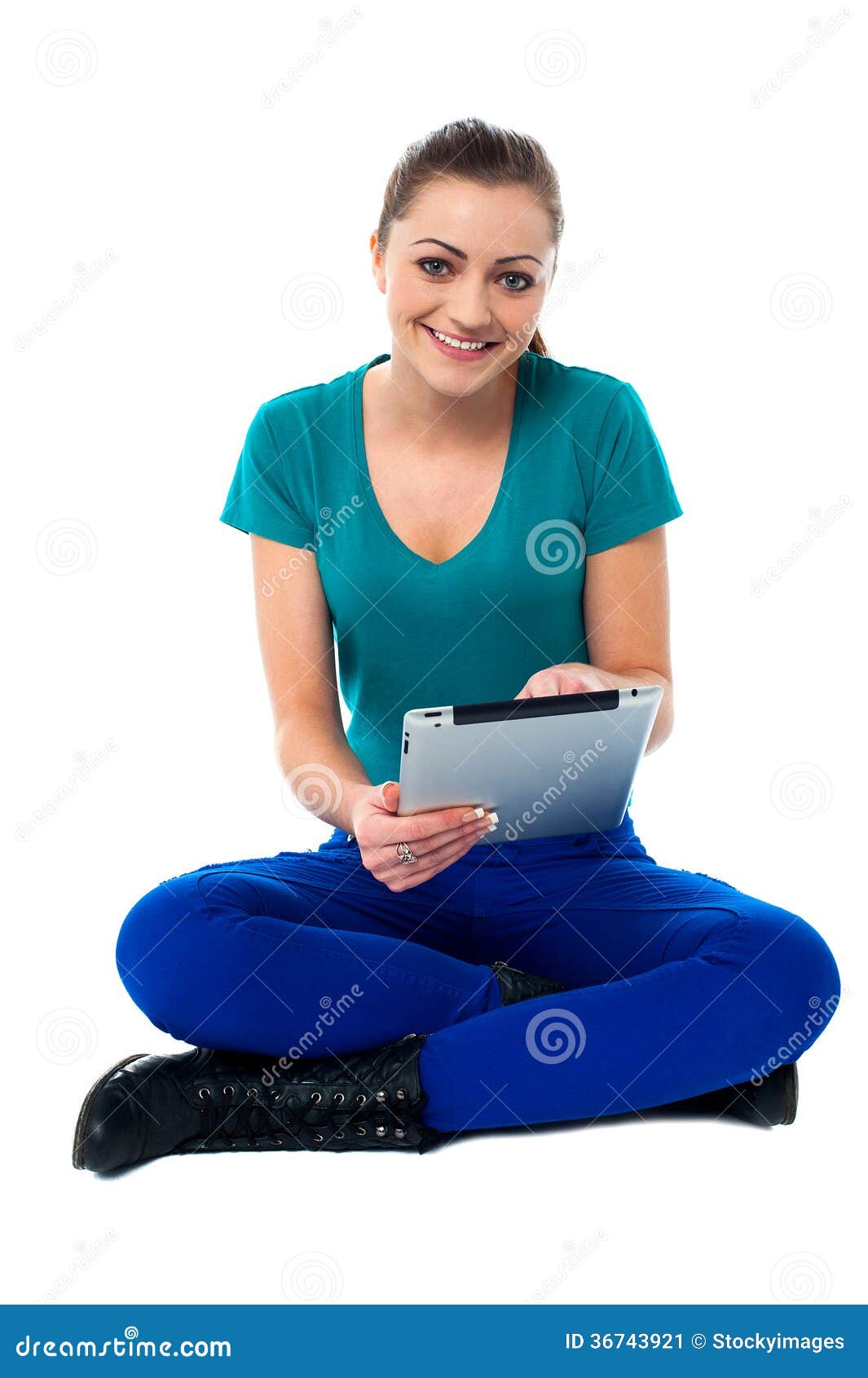 Young lady using tablet pc stock image. Image of model - 36743921