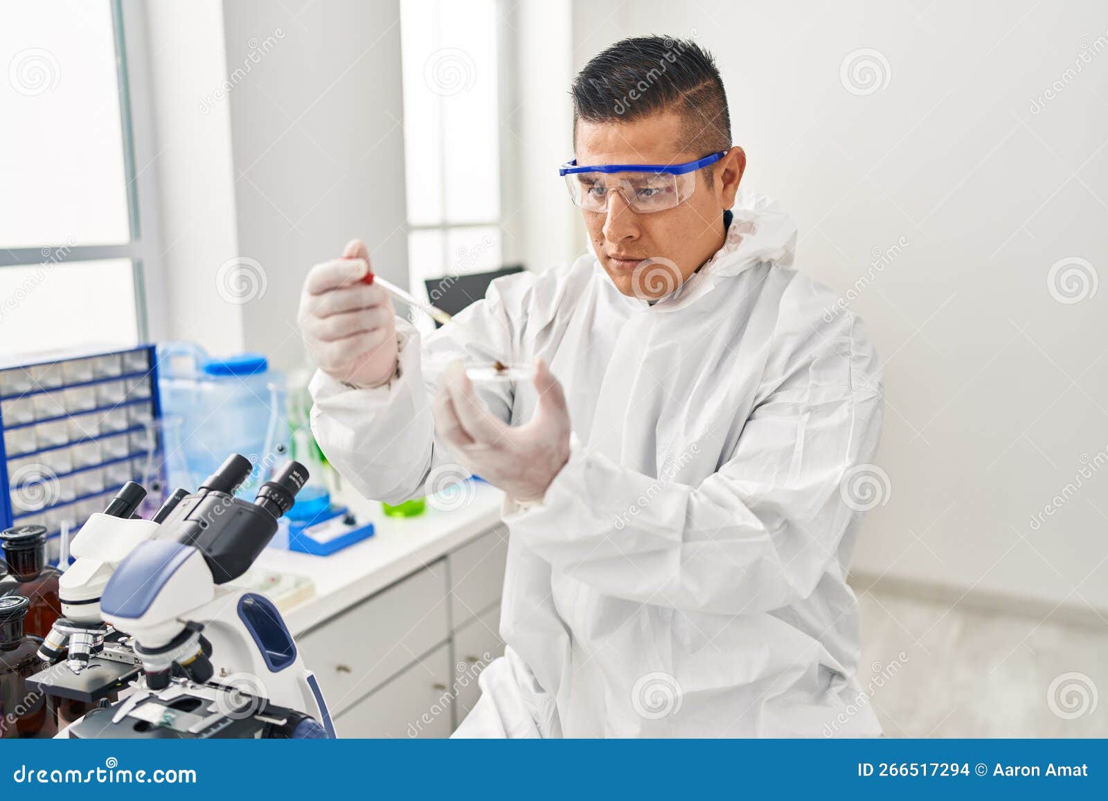Young Latin Man Scientist Pouring Liquid on Cannabis Herb Sample at ...
