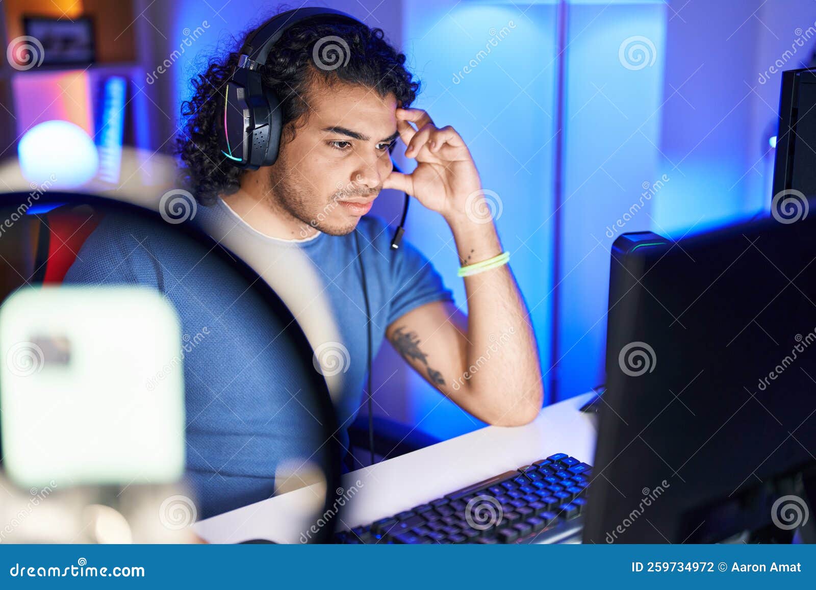 Young Latin Man Streamer Stressed Using Computer at Gaming Room Stock ...