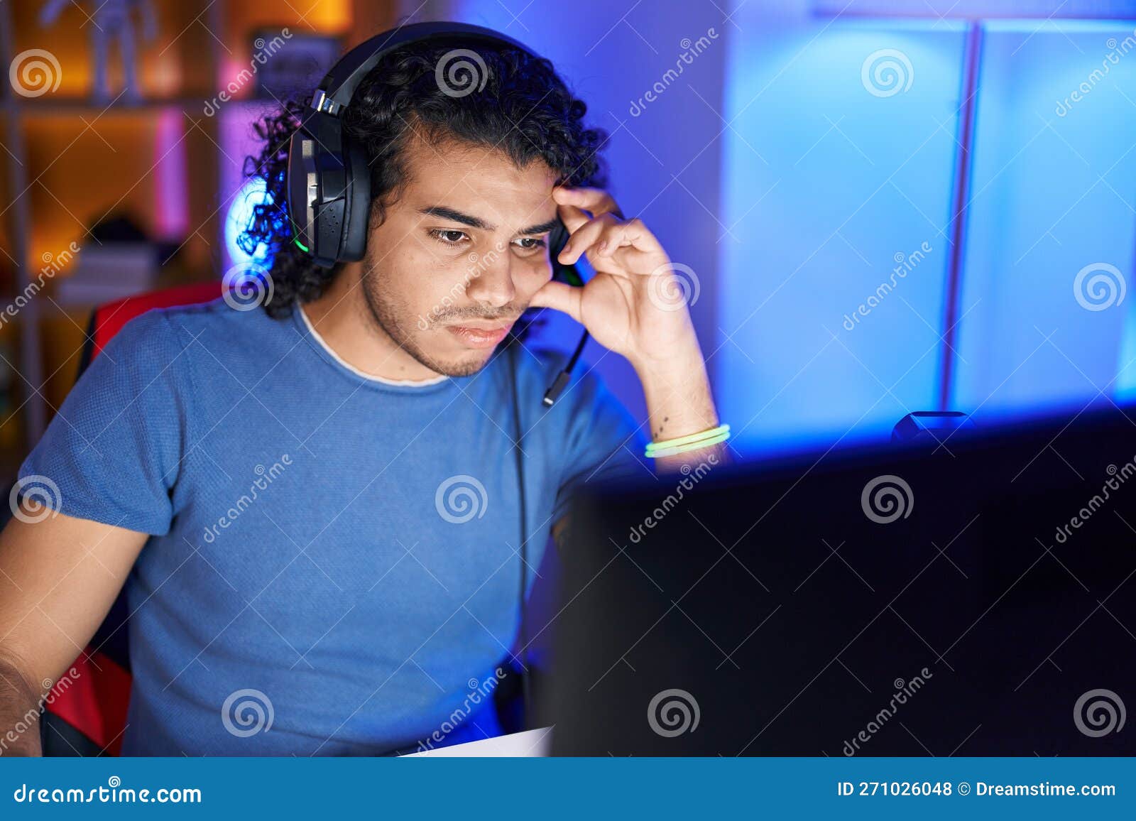 Young Latin Man Streamer Stressed Using Computer at Gaming Room Stock ...
