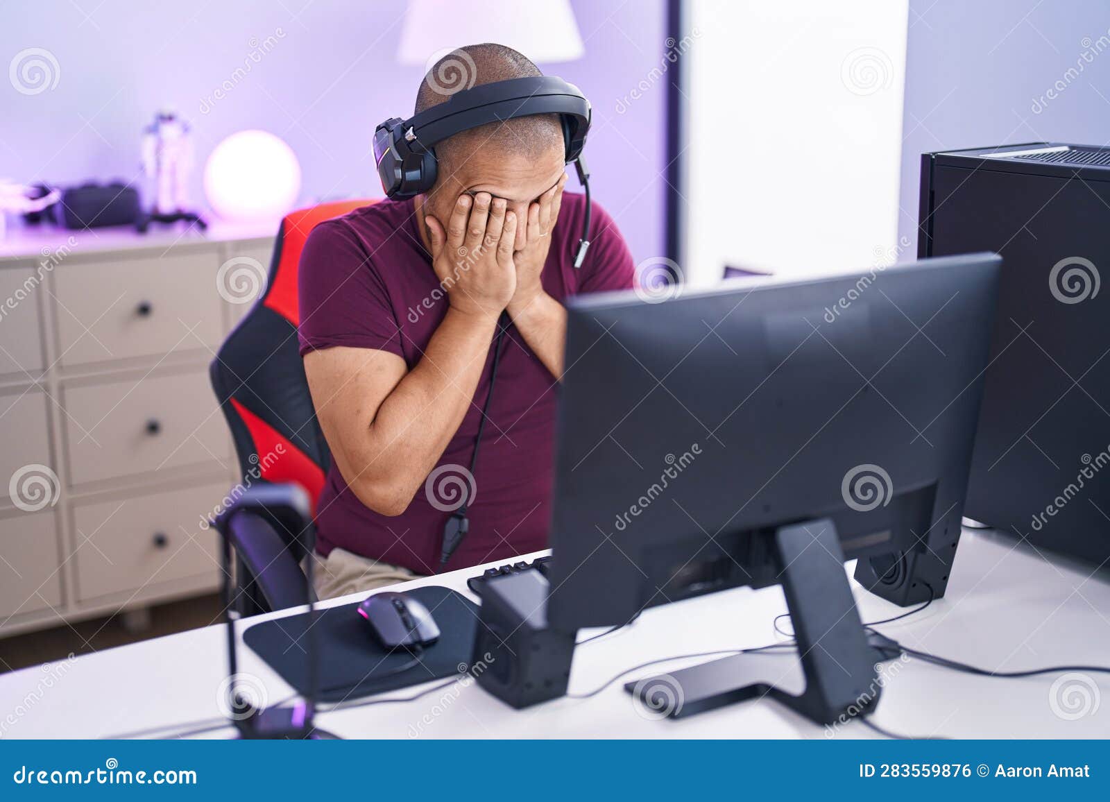 Young Latin Man Streamer Stressed Using Computer at Gaming Room Stock ...