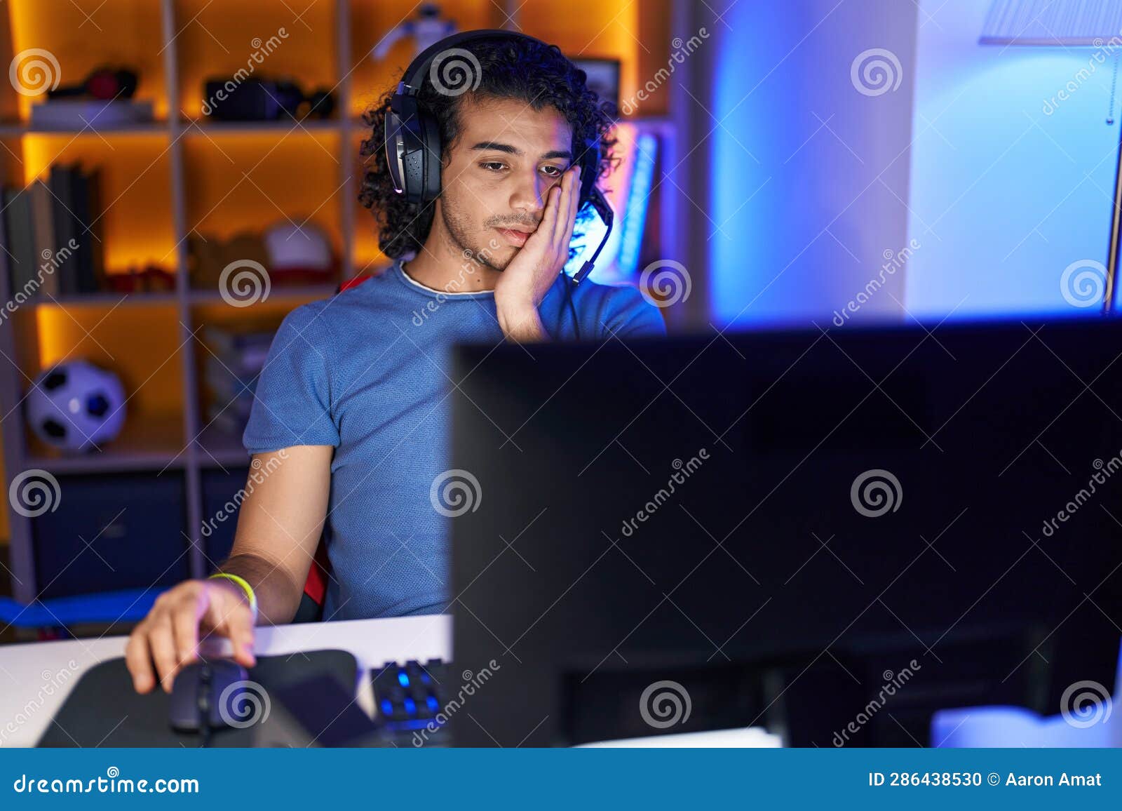 Young Latin Man Streamer Stressed Using Computer at Gaming Room Stock ...
