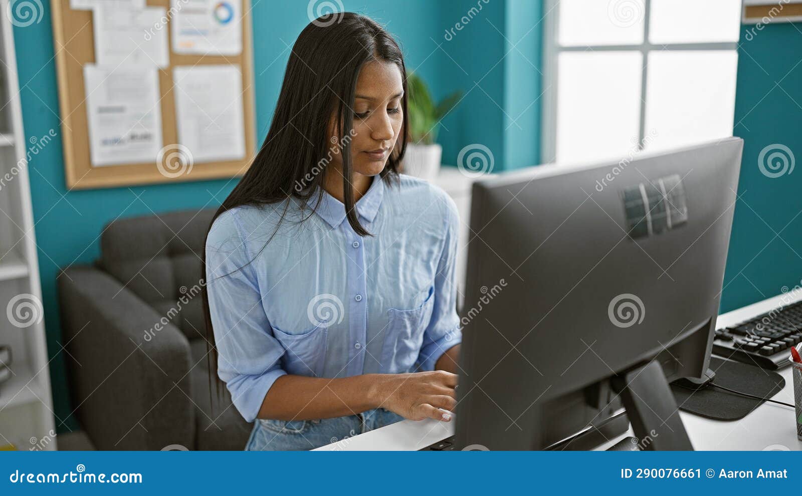 Young Latin Woman Business Worker Using Computer Working at the Office ...