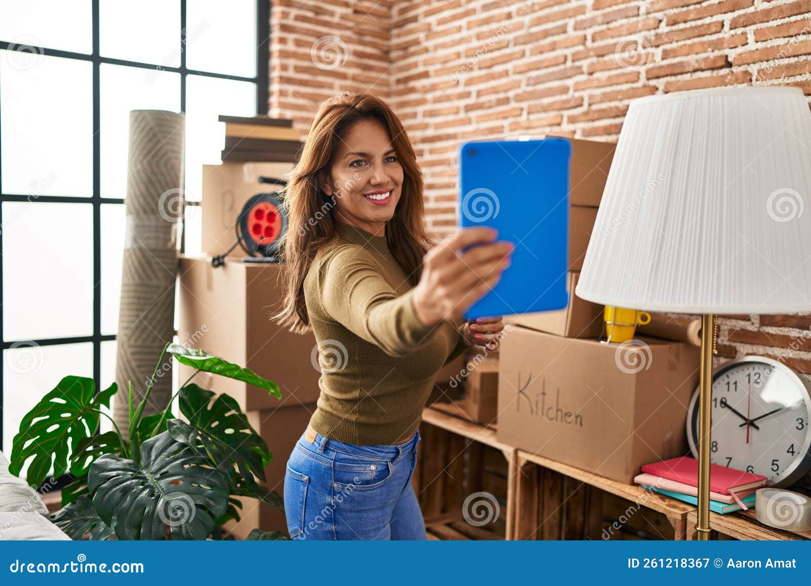 Young Latin Woman Make Selfie by the Touchpad at Hew Home Stock Image ...