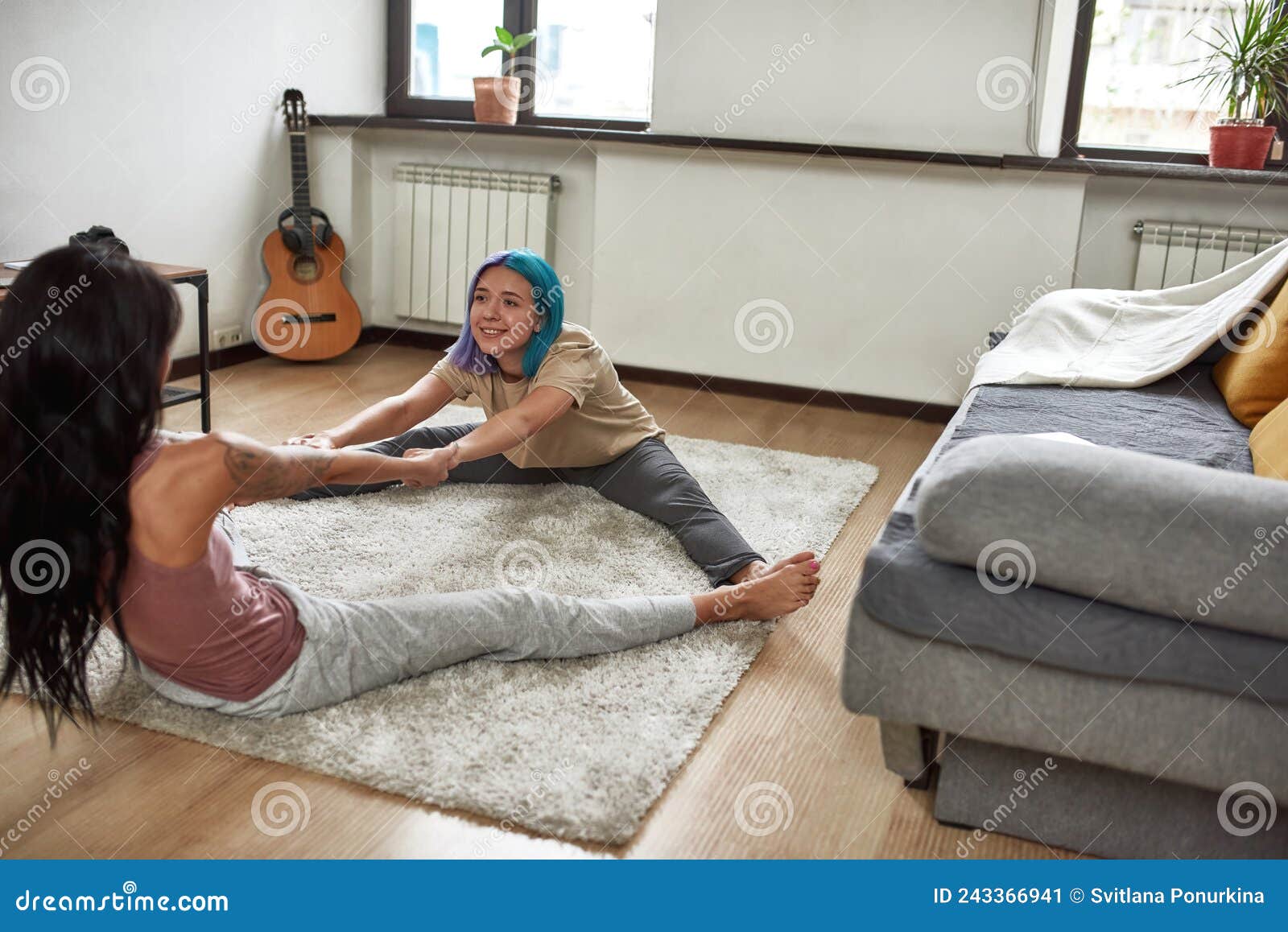 Young Lesbian Couple Stretching During Home Workout Stock Image Image