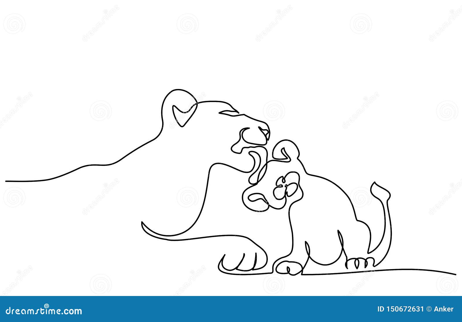 Young Lioness with Lion Cub One Line Drawing Stock Vector ...