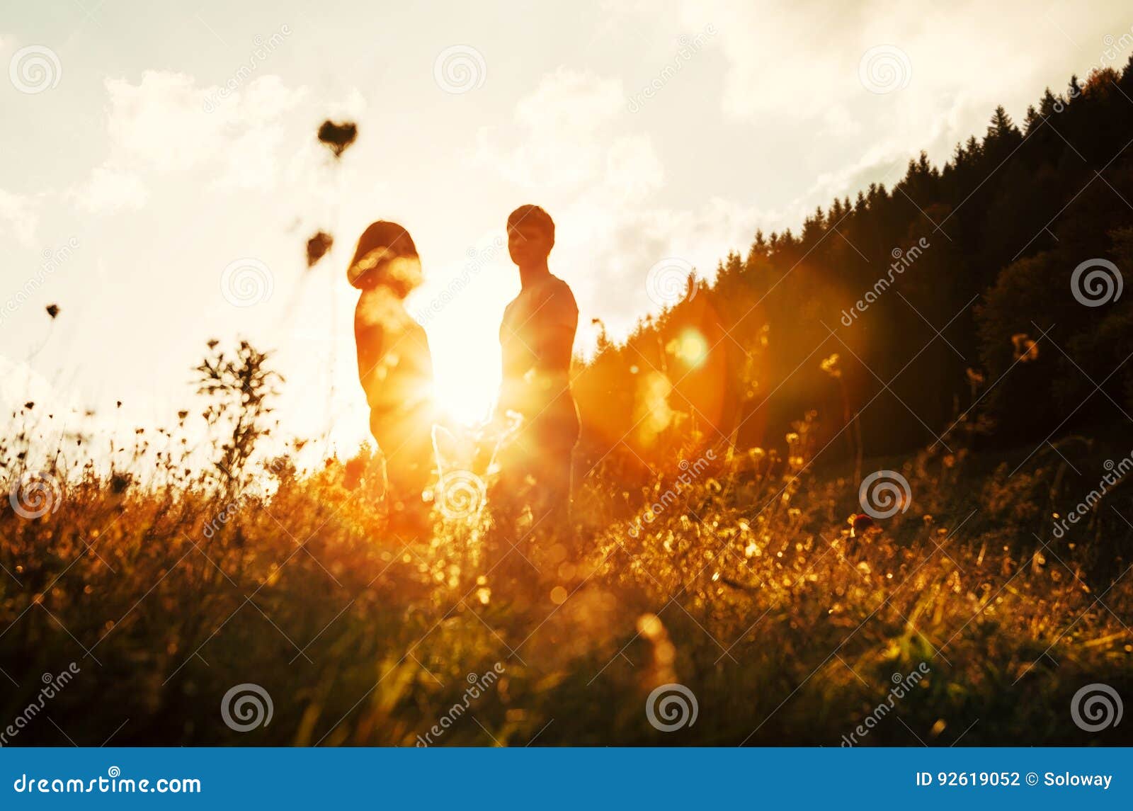 Young in Love Couple Stay on Meadow in Bright Sunset Light Stock Photo ...