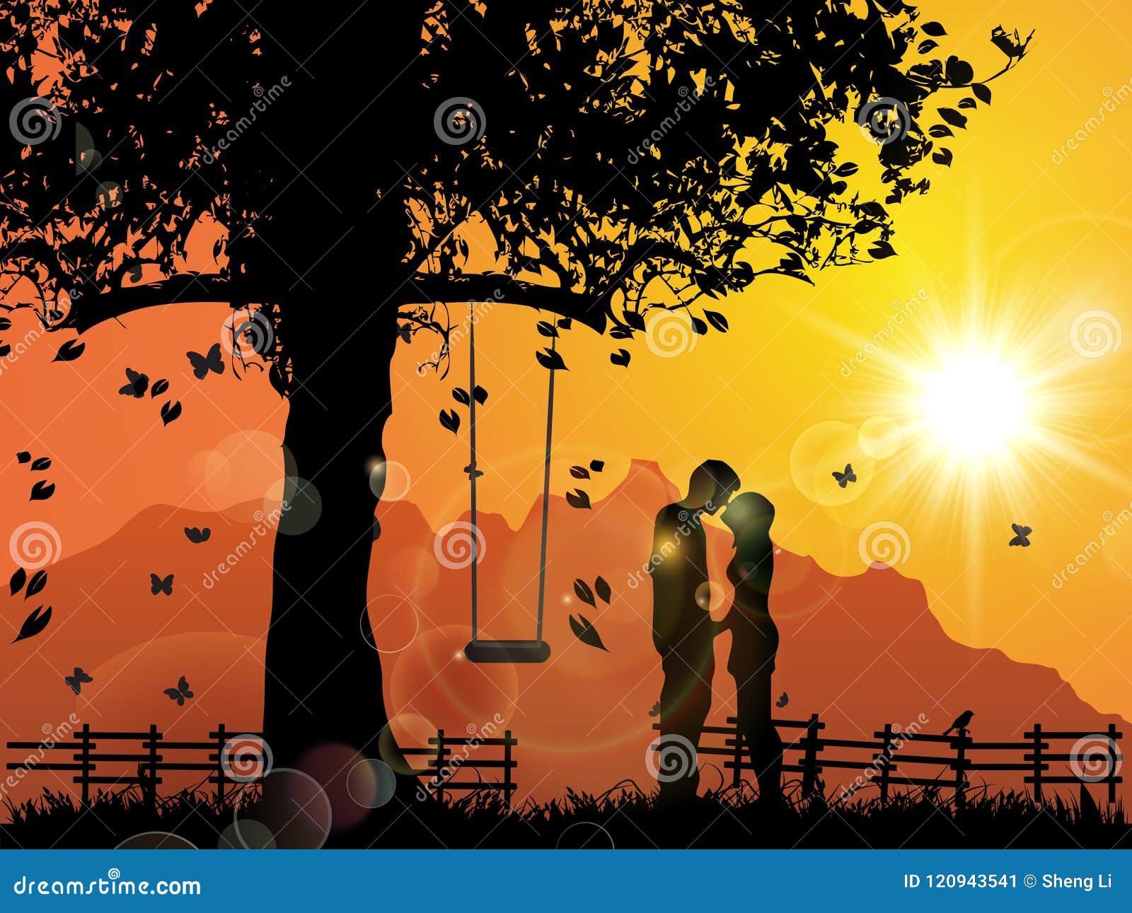 Young Lovers Under Sunset, Kissing Stock Vector - Illustration of fence ...