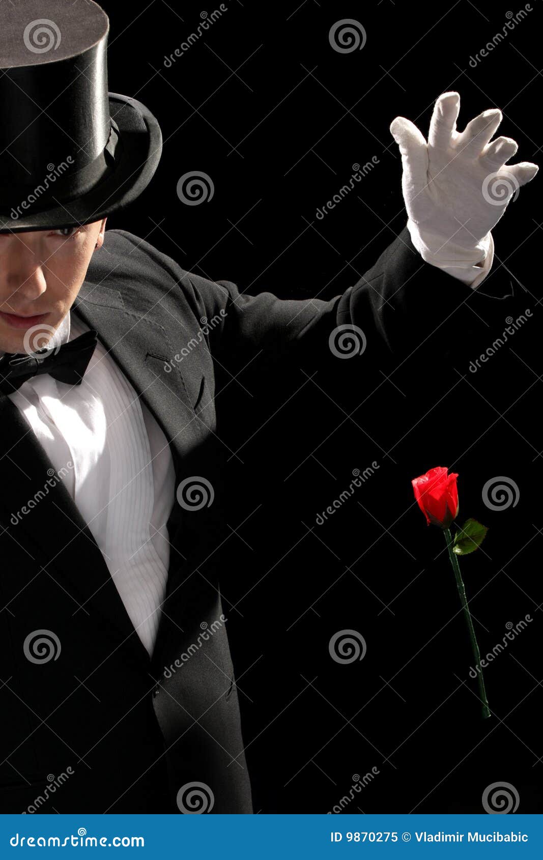 Young Magician Performing Red Rose Stock Image - Image of black ...