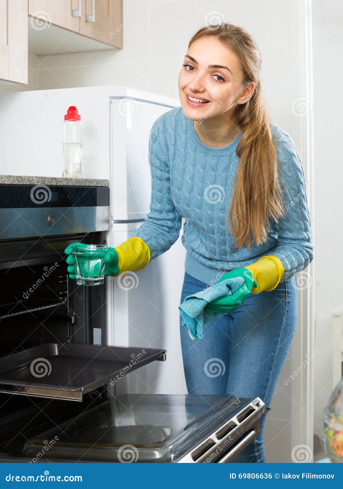 Young Maid Doing Oven Clean-up Stock Photo - Image of polish, flat ...