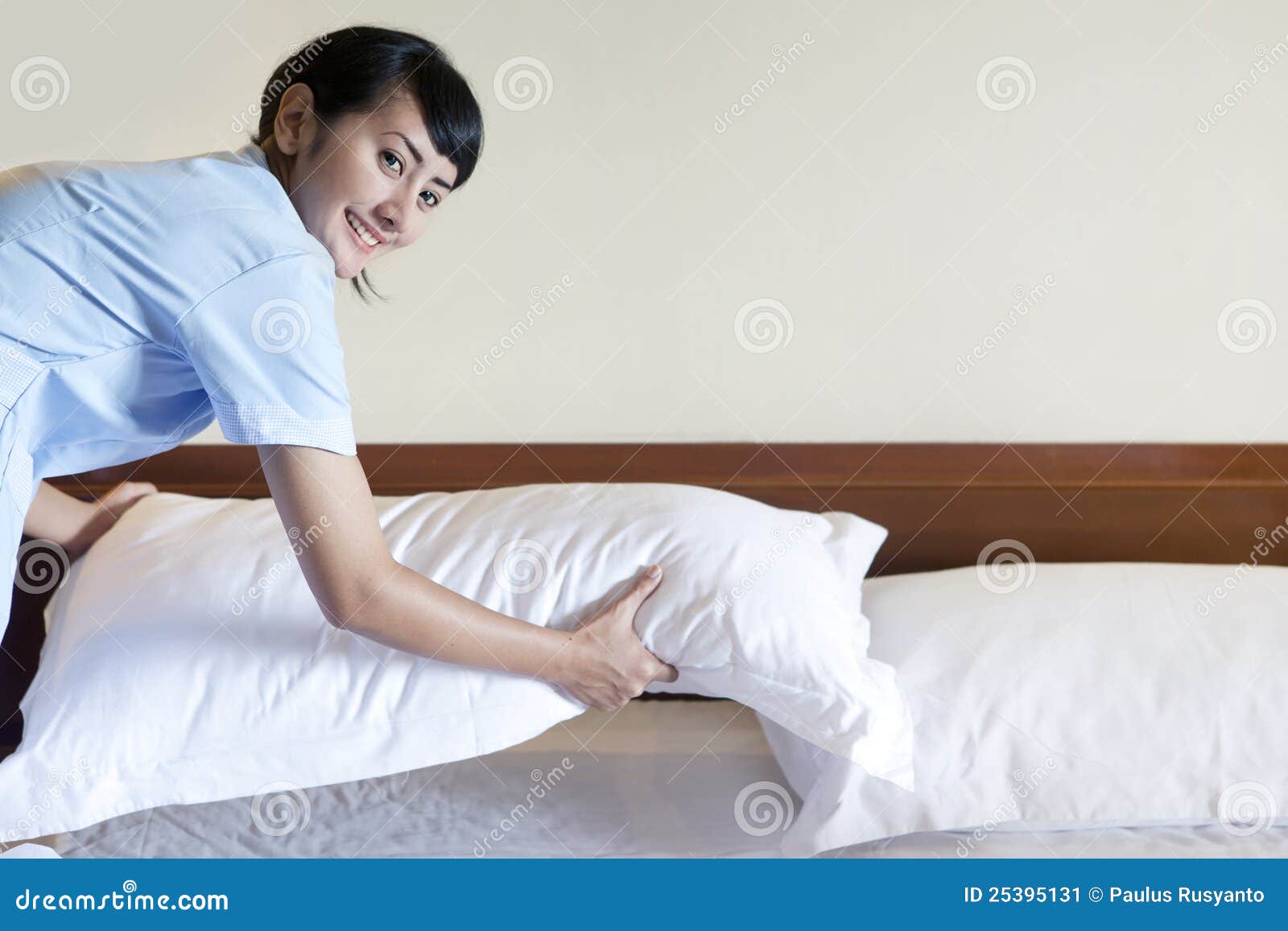 Young Maid Woman Preparing Bedroom Stock Image - Image of female ...