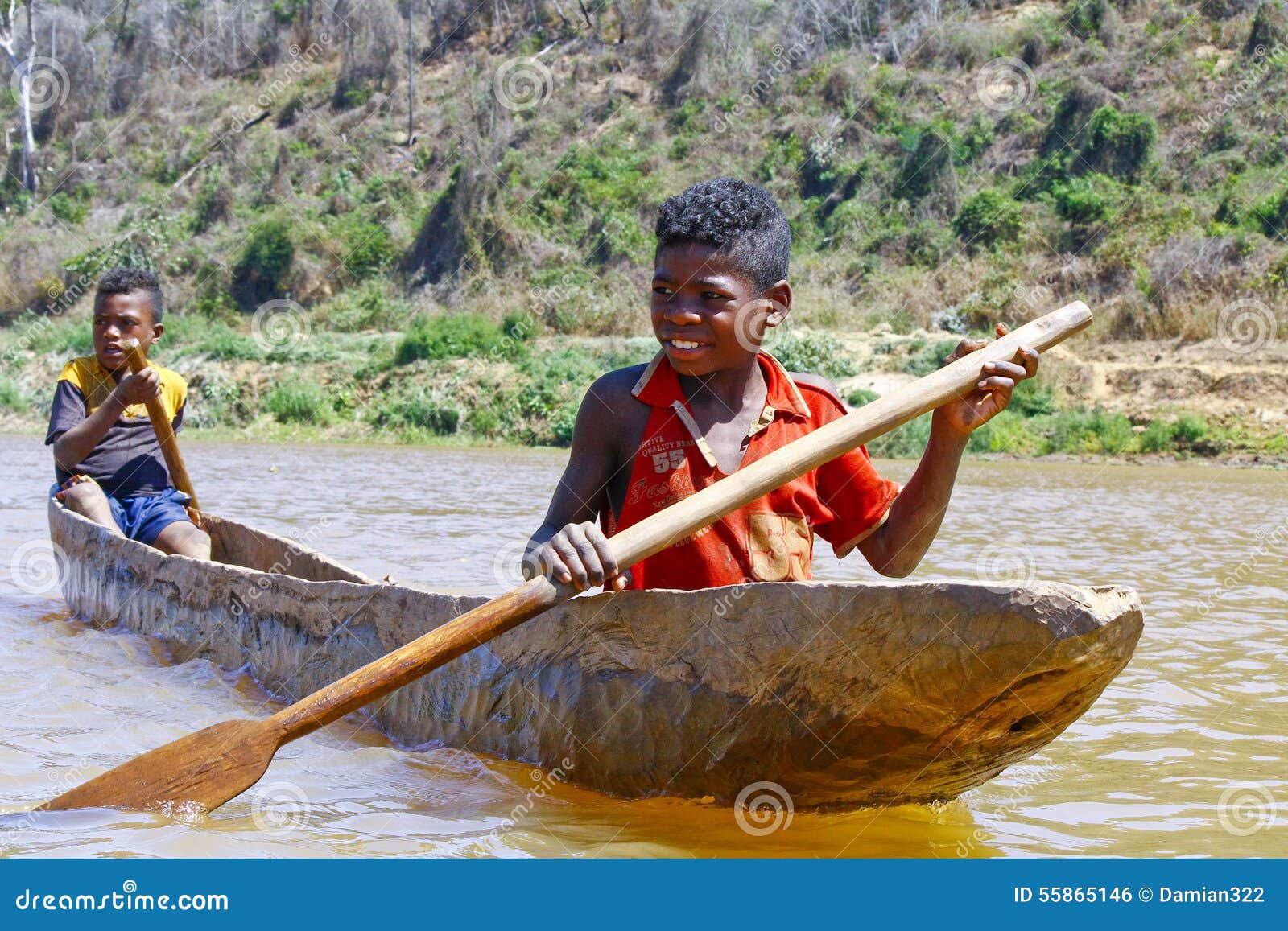 Young Malagasy African Boy Rowing Traditional Canoe Royalty-Free Stock ...
