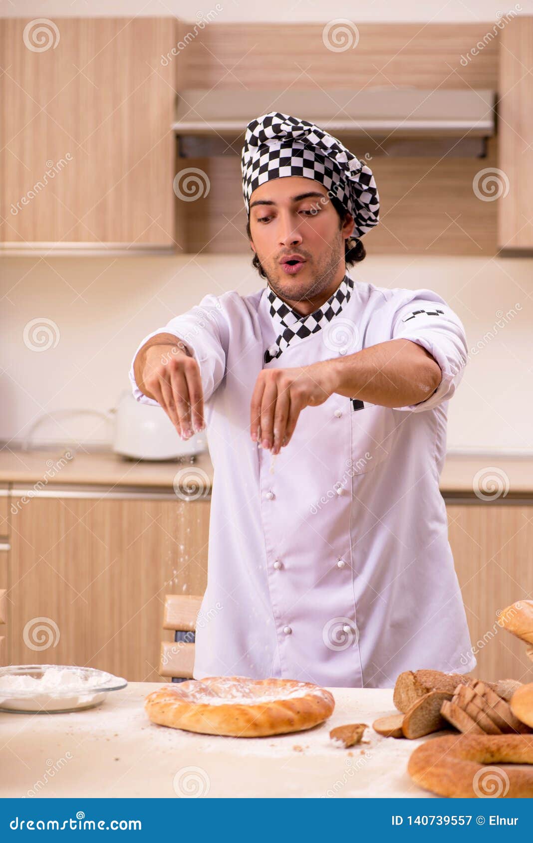 The Young Male Baker Working in Kitchen Stock Image - Image of dough ...