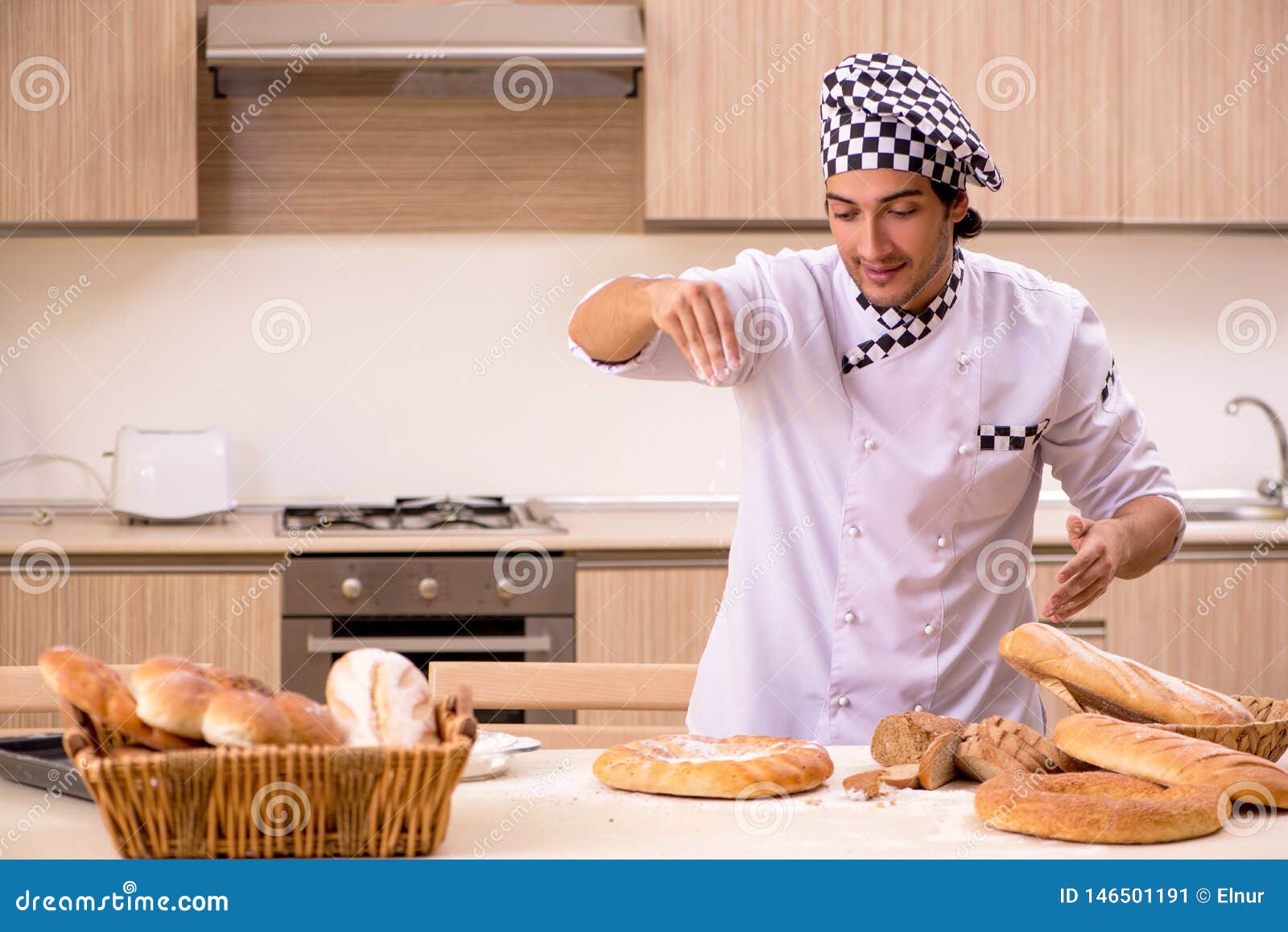 The Young Male Baker Working in Kitchen Stock Image - Image of doughnut ...