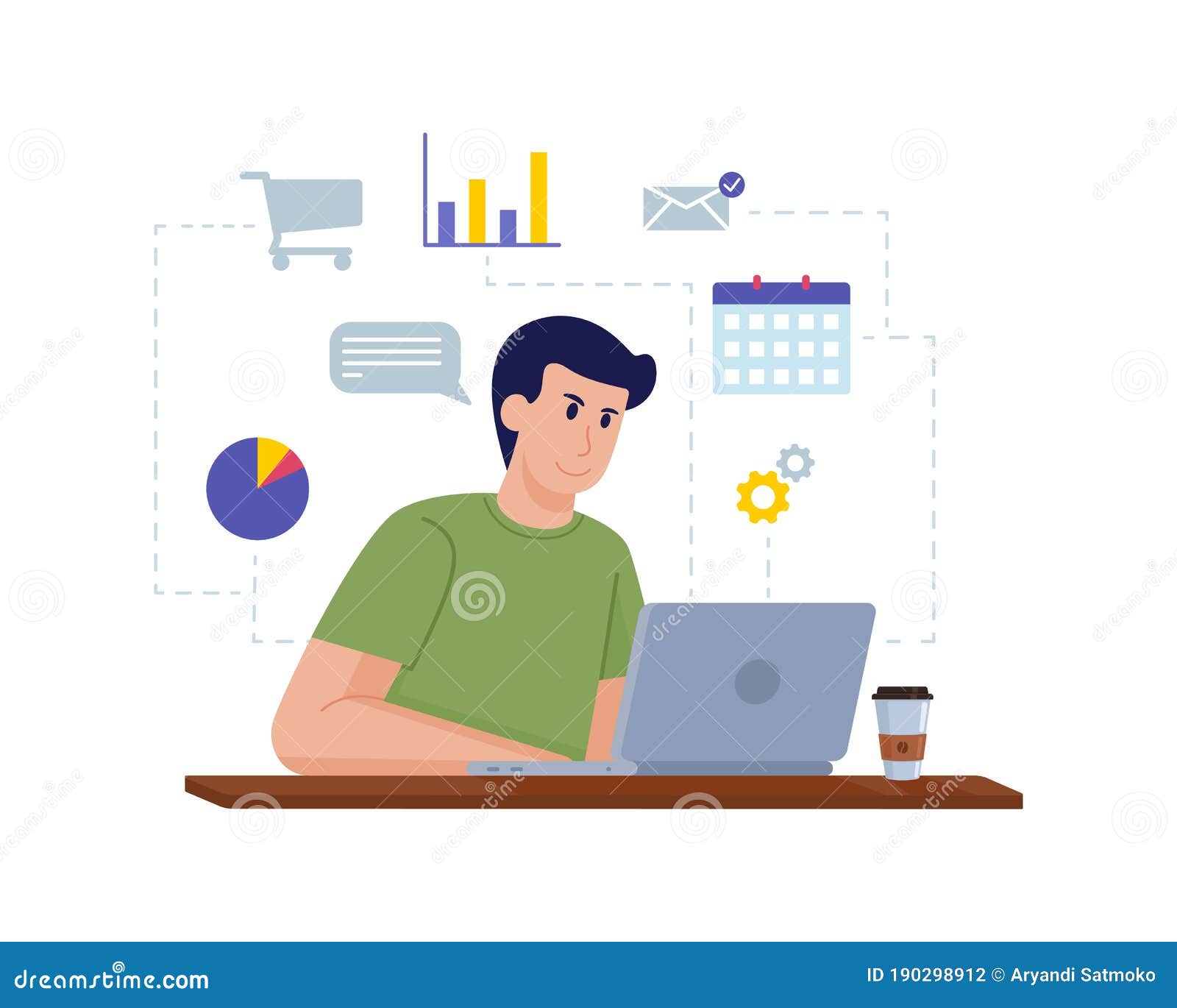 Young Male Character Doing a Lot of Tasks at the Same Time, Flat ...