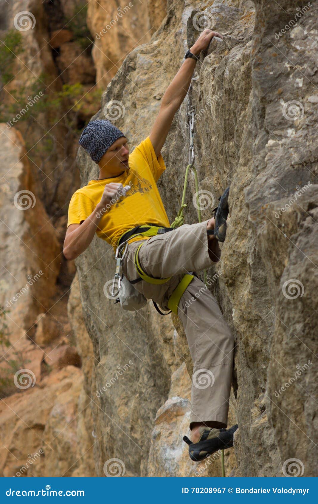 Young Male Climber Hanging by a Cliff. Stock Image - Image of island ...