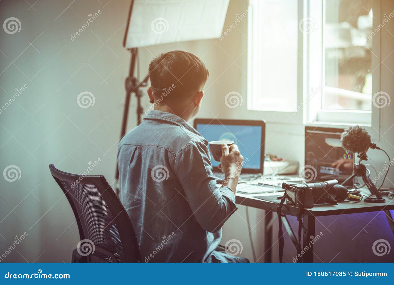 Young Male Content Creator Working from Home Stock Image - Image of ...