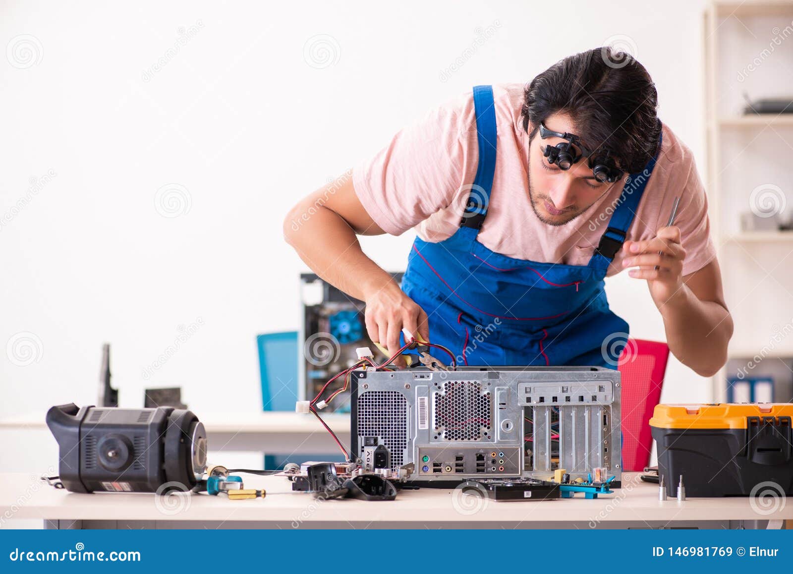 The Young Male Contractor Repairing Computer Stock Image - Image of ...