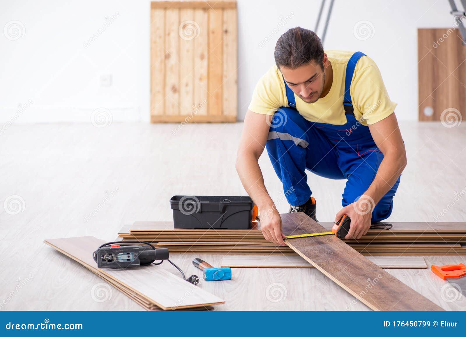 Young Male Contractor Working Indoors Stock Image - Image of plywood ...