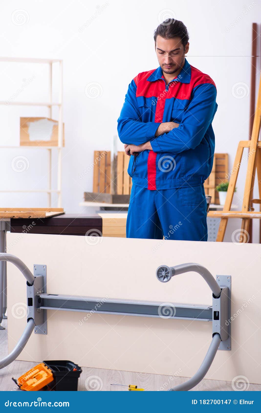 Young Male Contractor Working in Workshop Stock Image - Image of tool ...