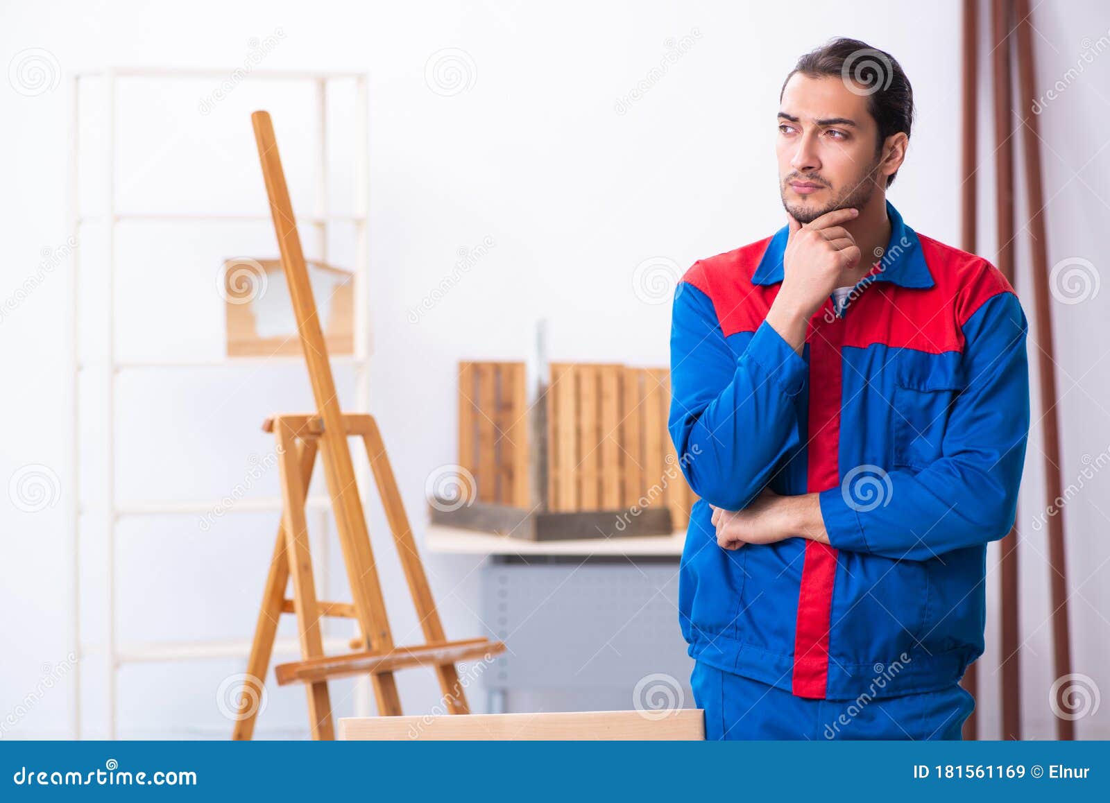 Young Male Contractor Working in Workshop Stock Image - Image of ...