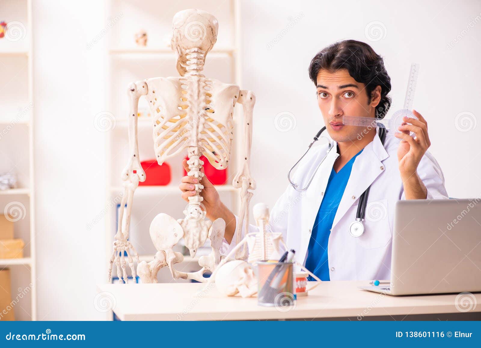 The Young Male Doctor with Skeleton Stock Photo - Image of hospital ...